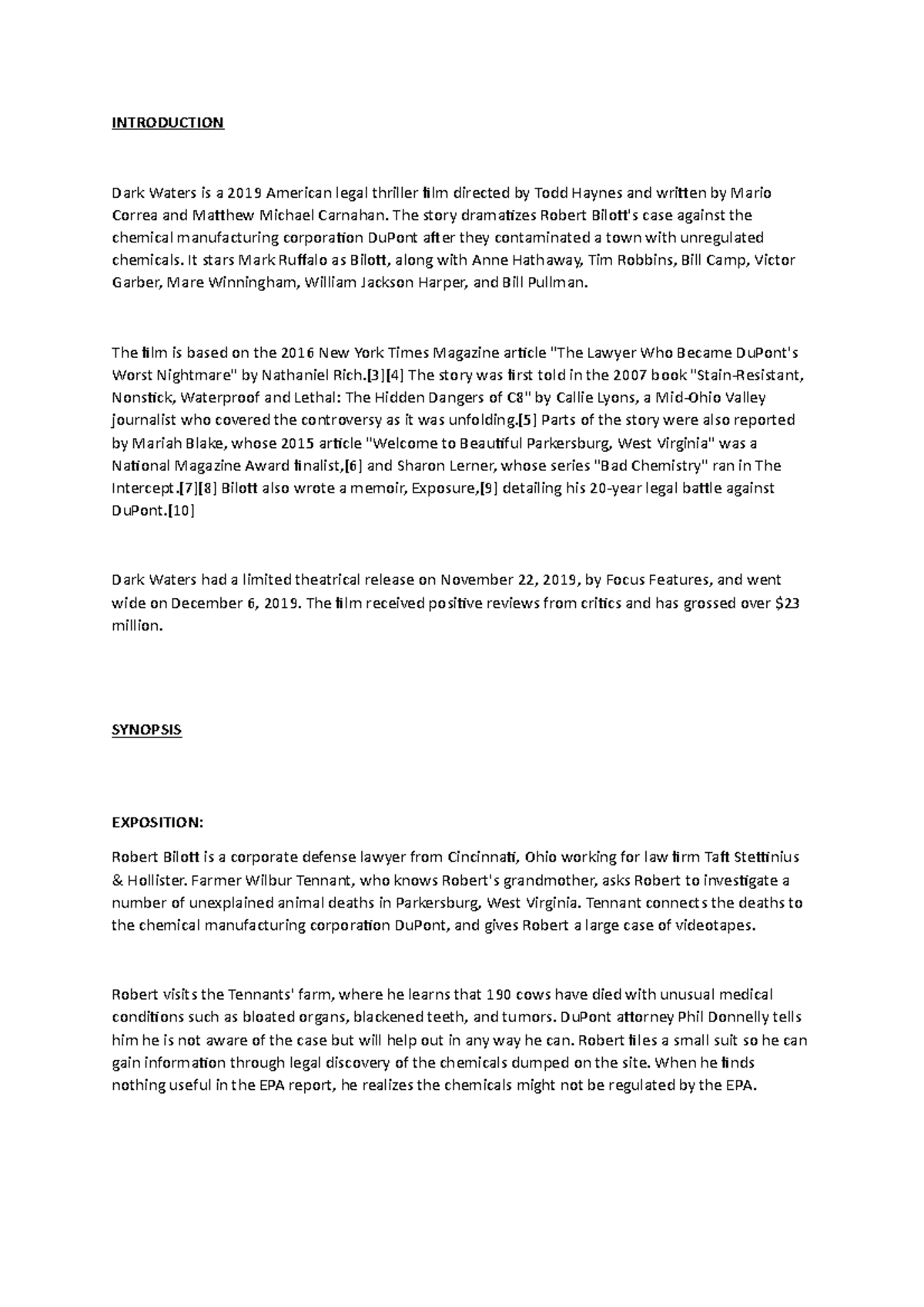 Synopsis and characters - INTRODUCTION Dark Waters is a 2019 American ...