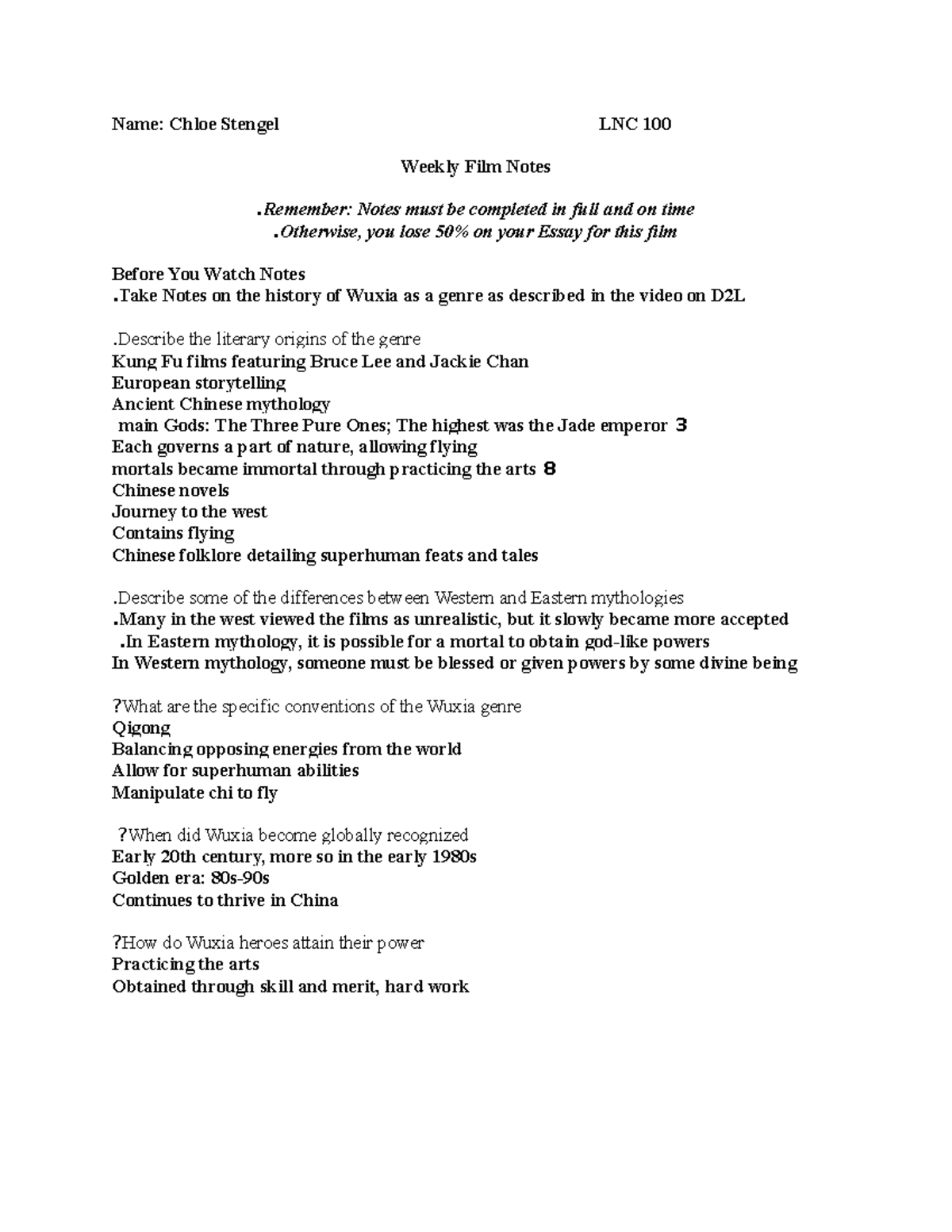 Cthd notes - Moser - Name: Chloe Stengel LNC 100 Weekly Film Notes ...