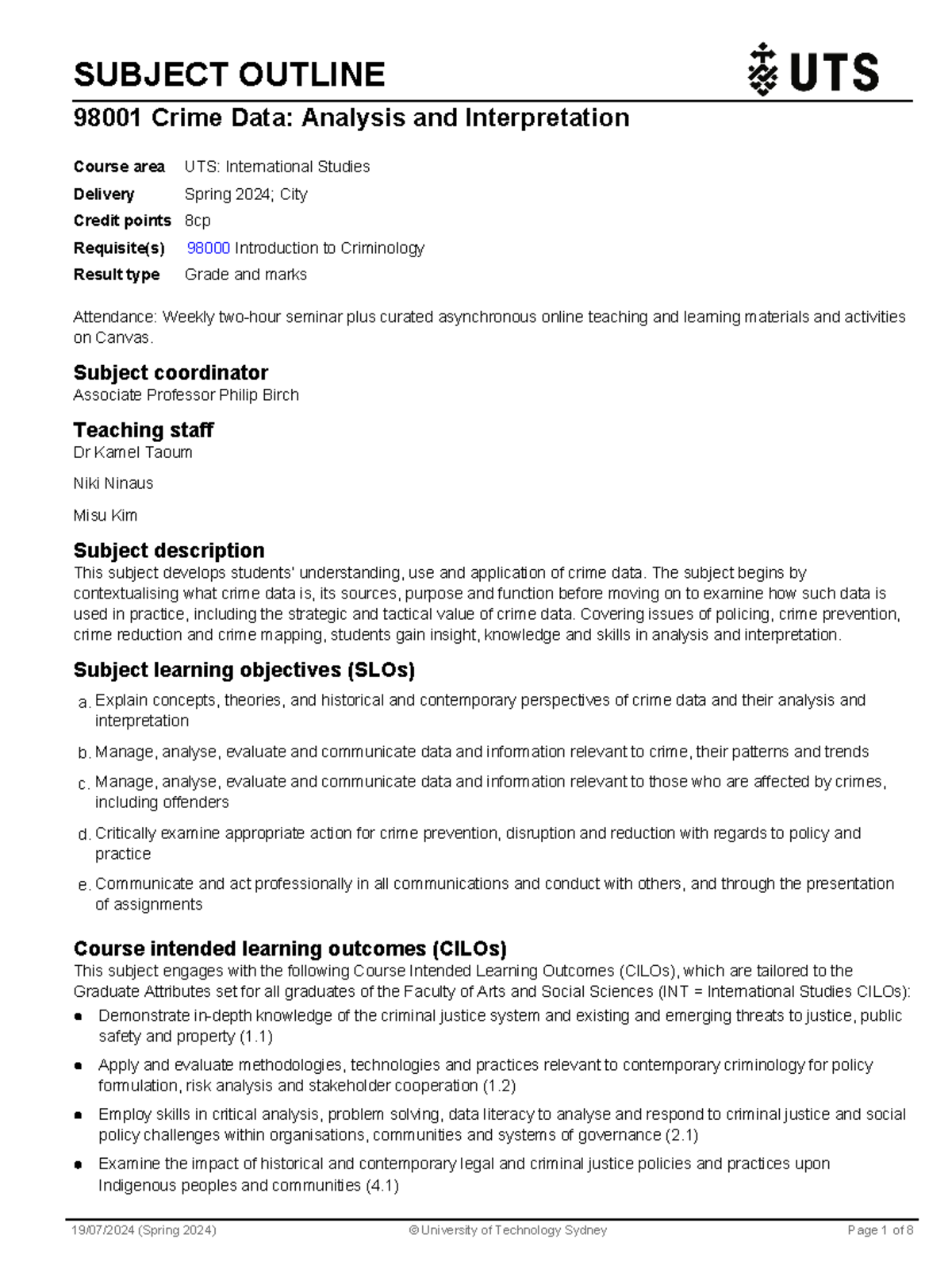 Crime data subject outline - SUBJECT OUTLINE 98001 Crime Data: Analysis and Interpretation - Studocu
