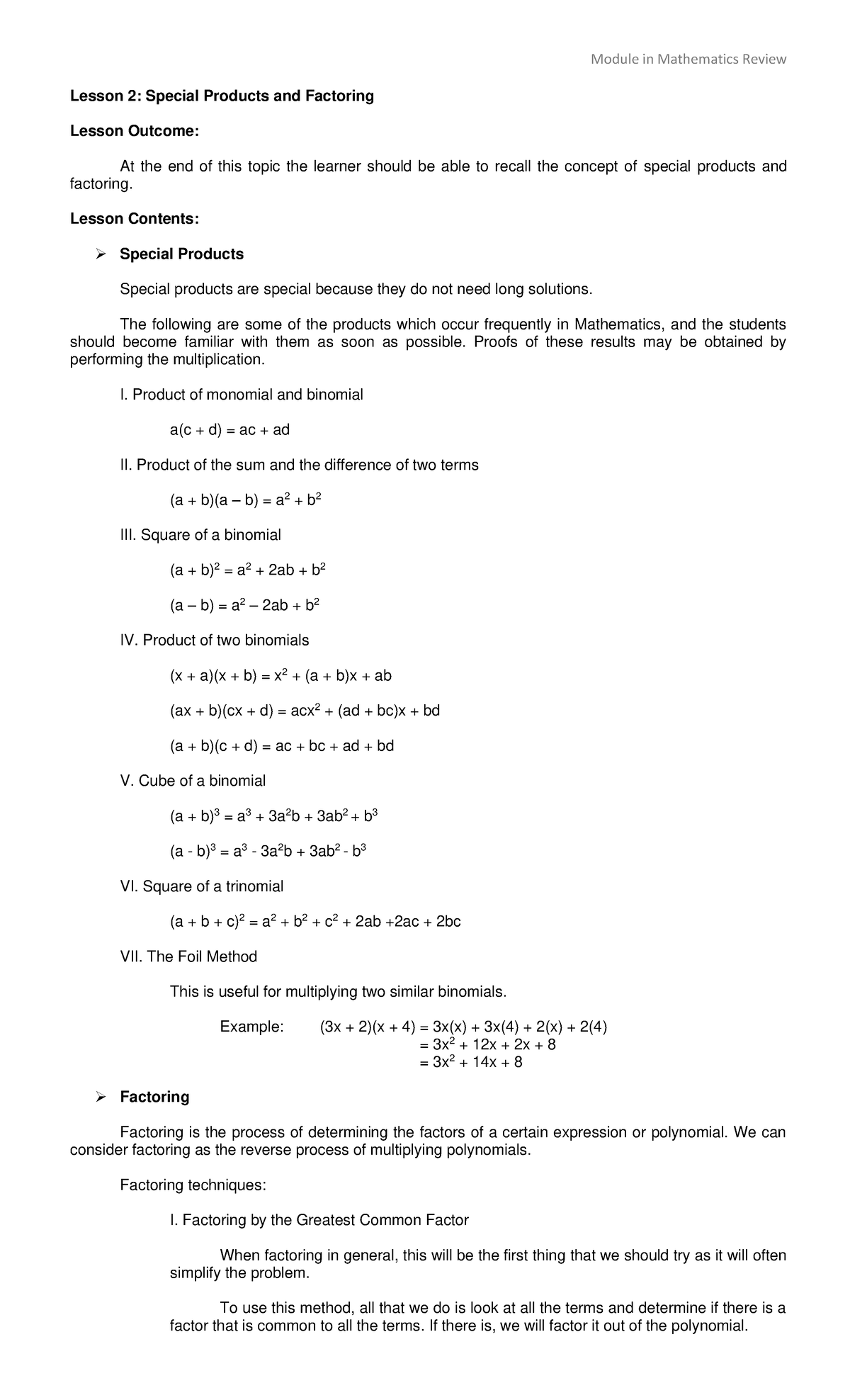 Emath 100 Module 1B - Module in Mathematics Review Lesson 2: Special ...