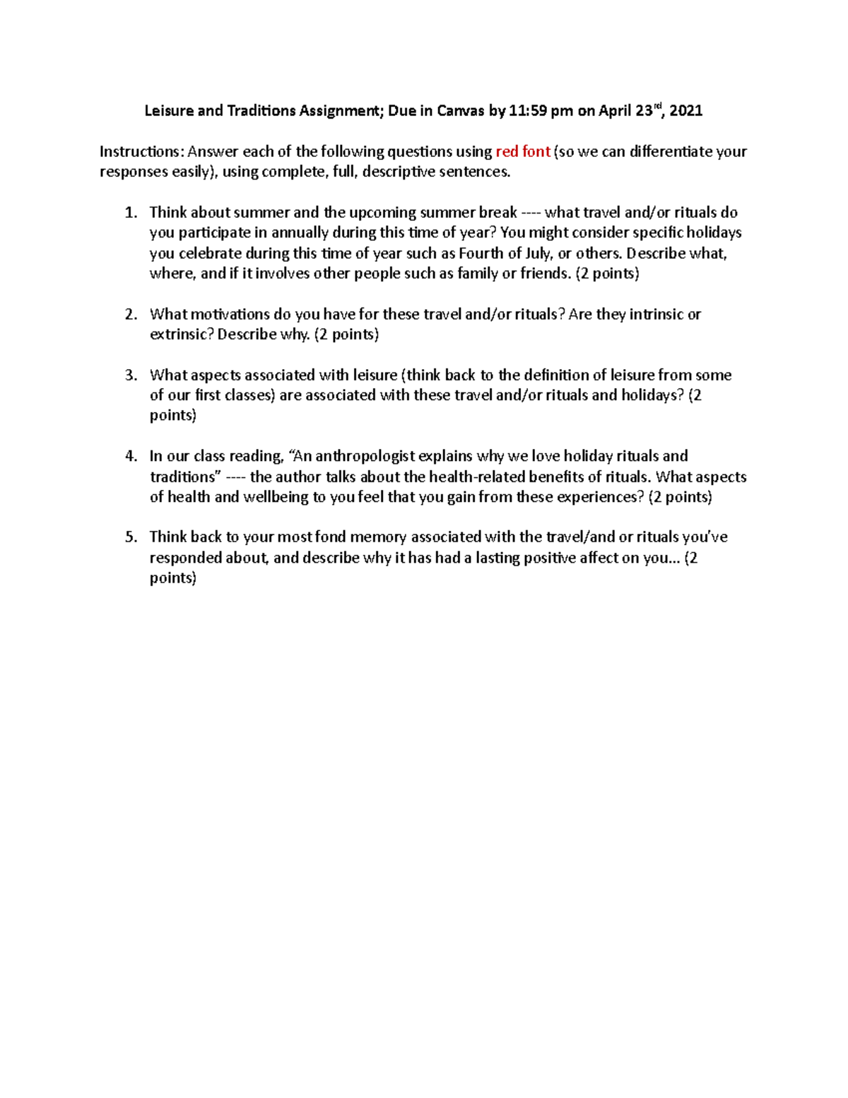 Leisure and Traditions Notes - Leisure and Traditions Assignment; Due ...