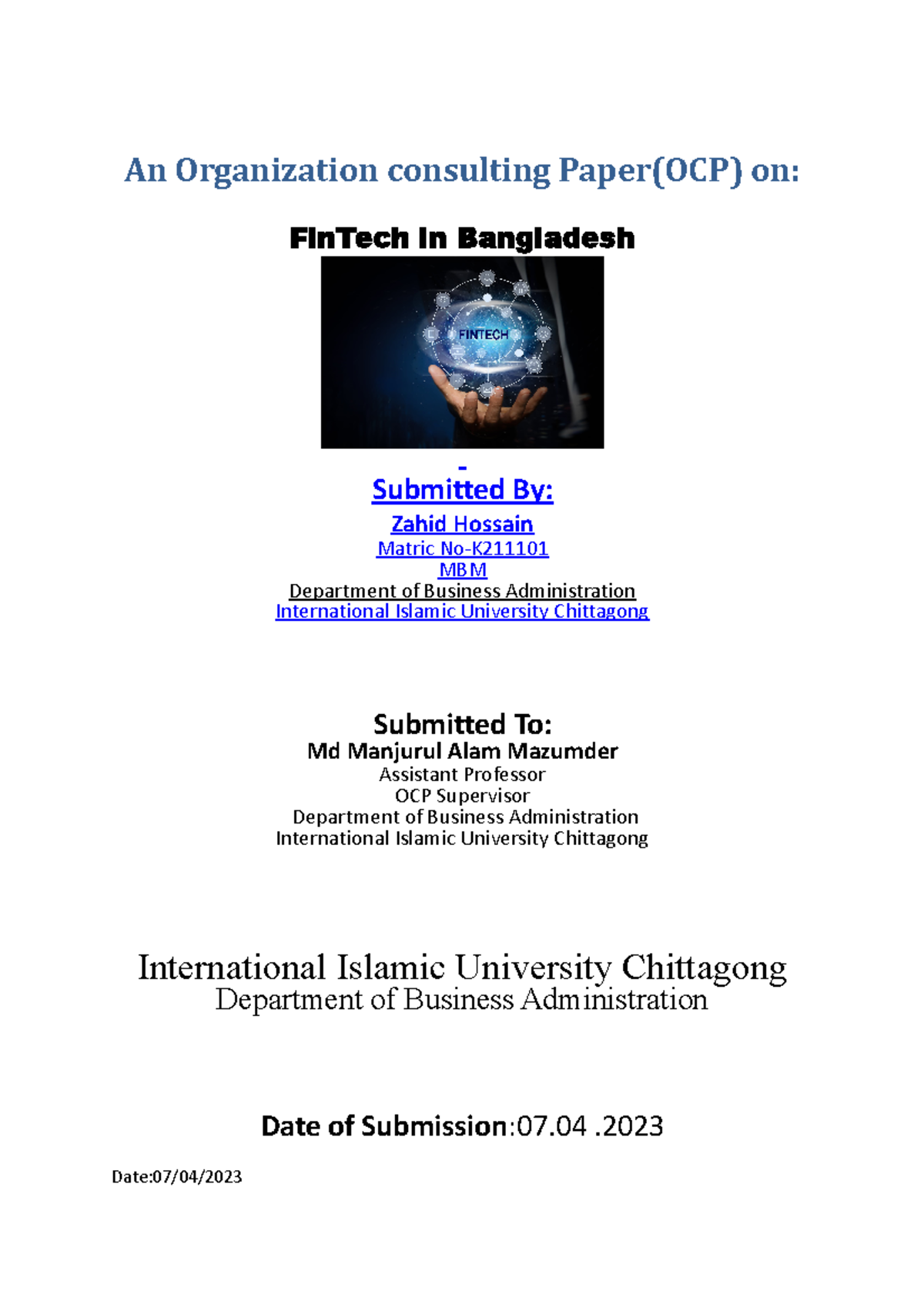 OCP-Fintech in Bangladesh - An Organization consulting Paper(OCP) on ...