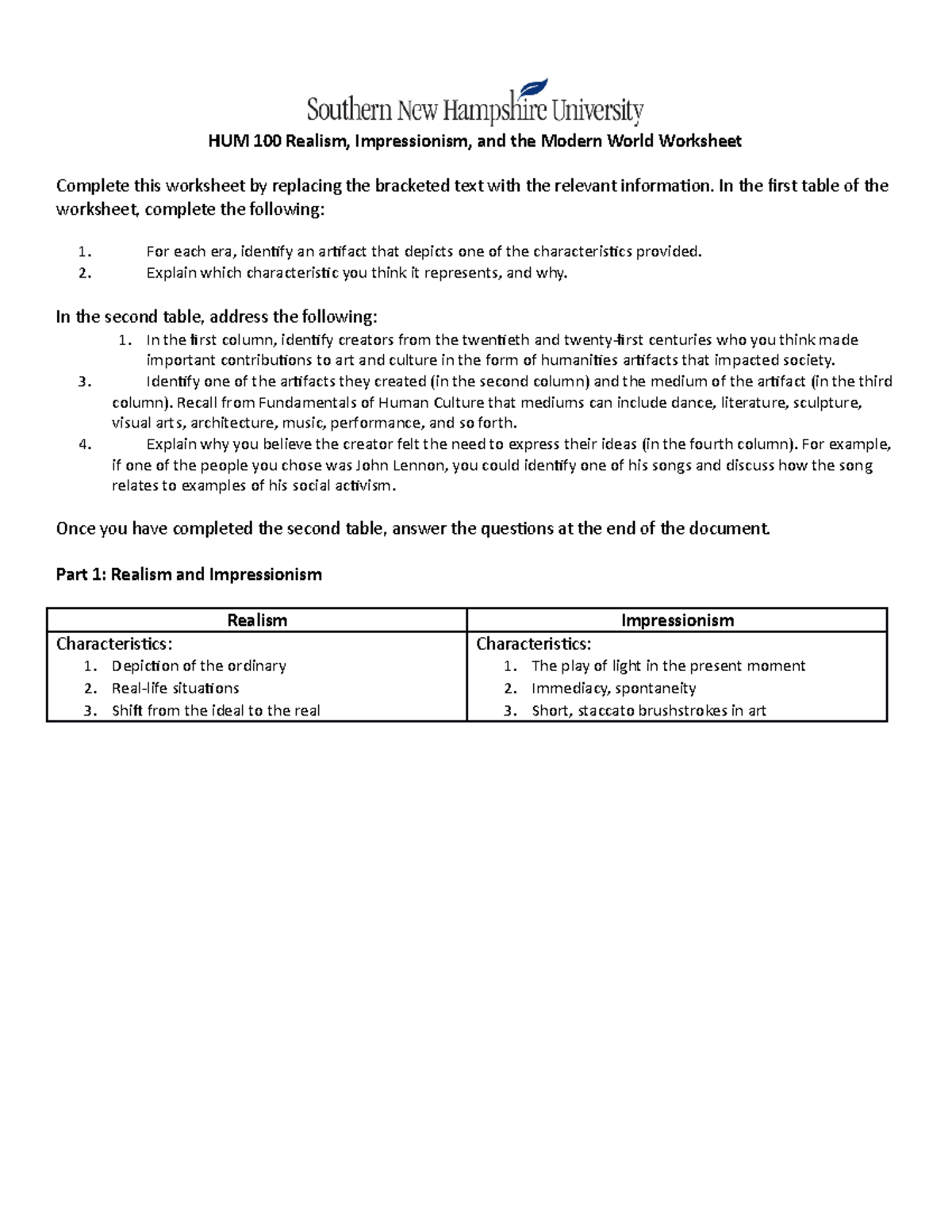 HUM 100 Realism Impressionism and the Modern World Worksheet - HUM100 ...