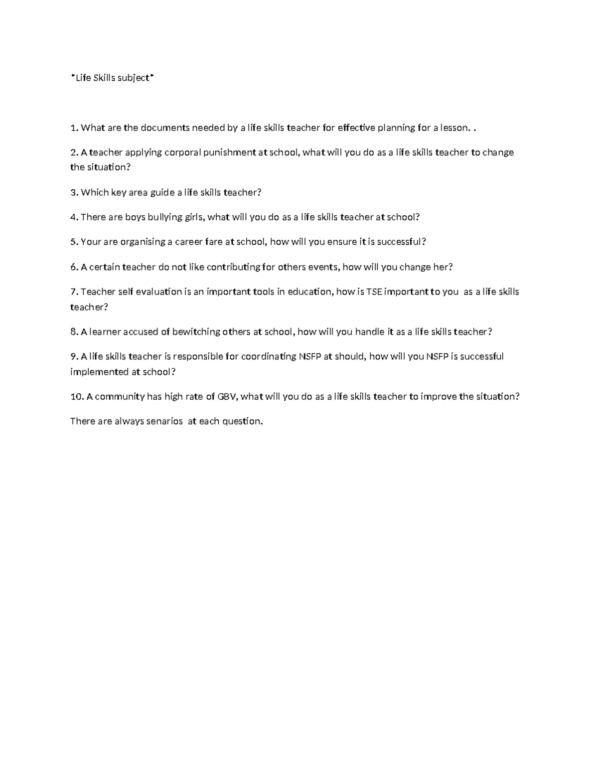 Life skills Interview Question - Life Skills subject What are the ...