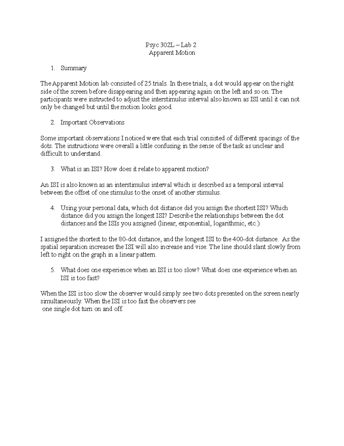 Summary Perception 1 - lab assignment on coglab - Psyc 302L – Lab 2 ...