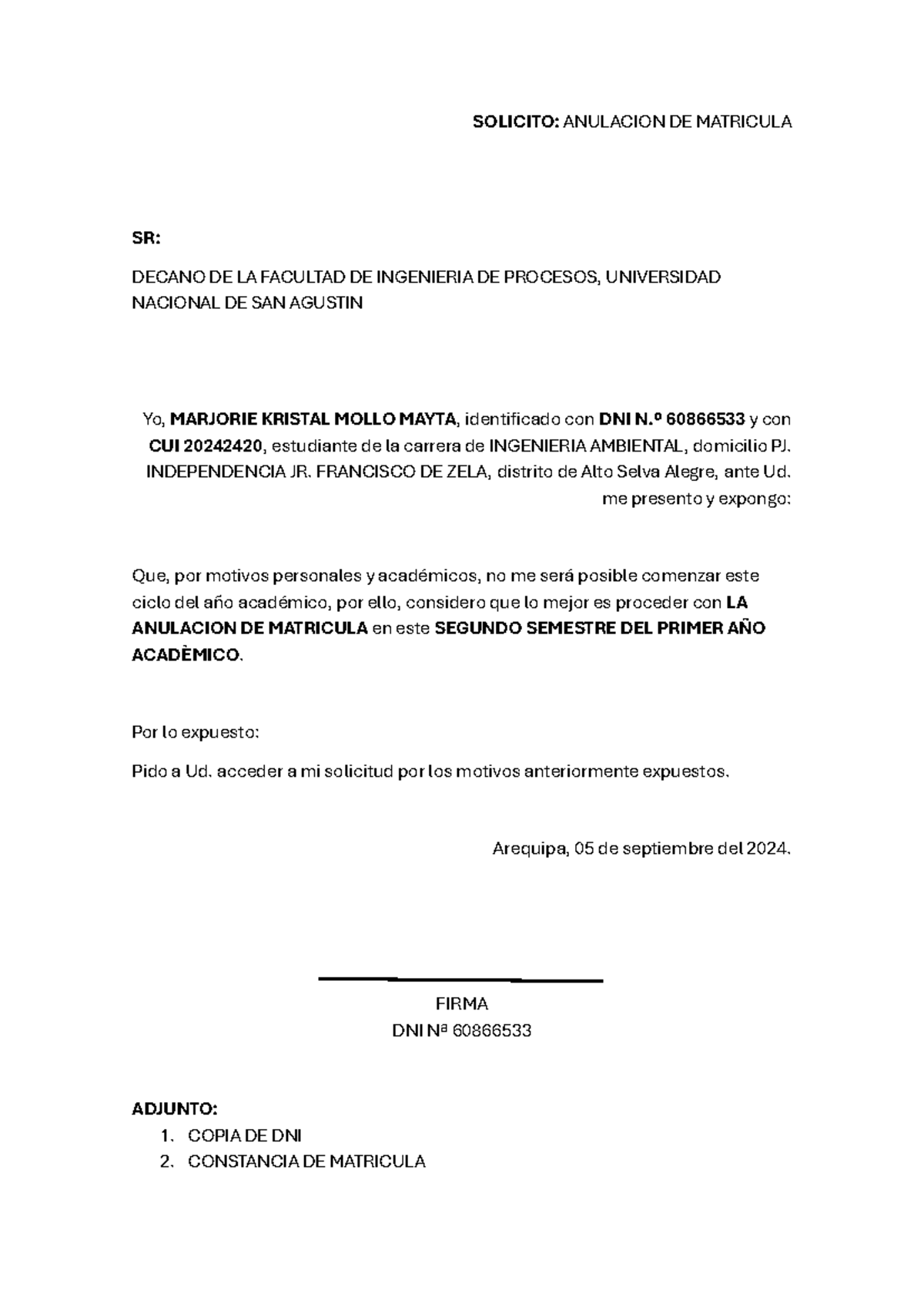 Anulacion DE Matricula-1 - SOLICITO: ANULACION DE MATRICULA SR: DECANO ...