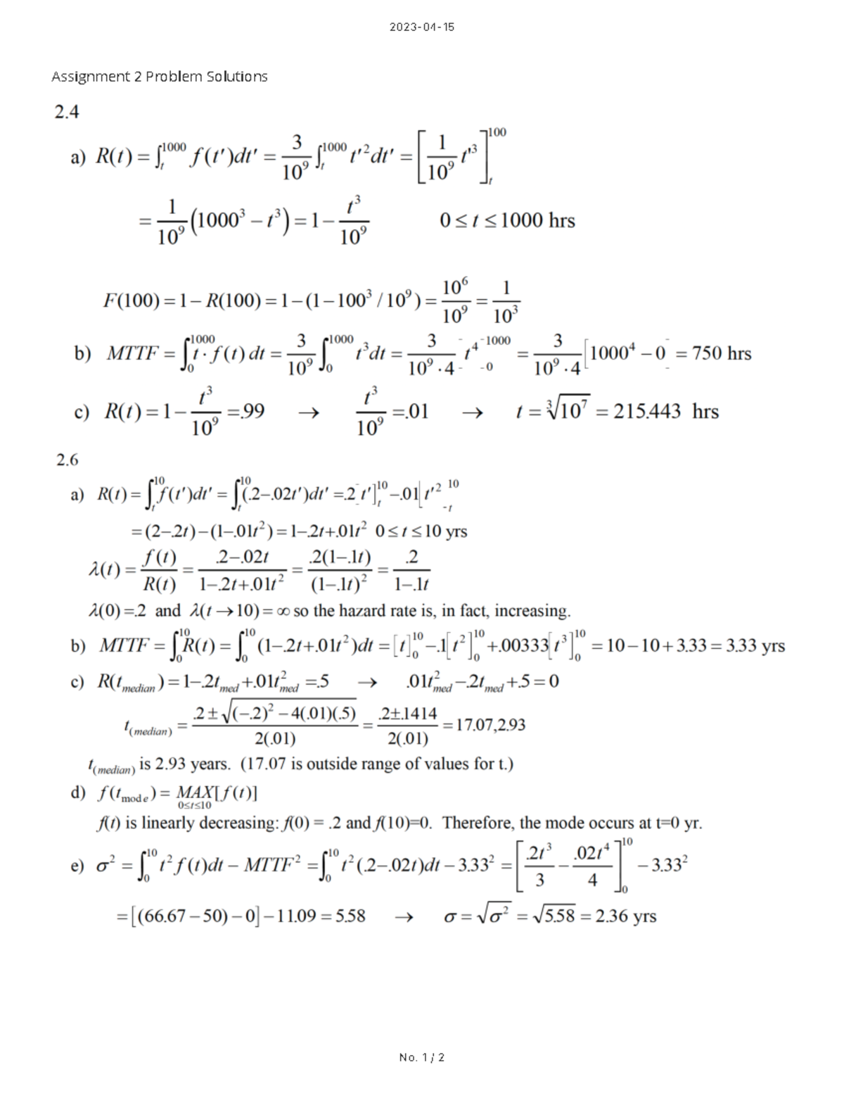 Assignment 2 Solution - ENGR202 - Assignment 2 Problem Solutions 2023-04- No. 1 / 2 - Studocu