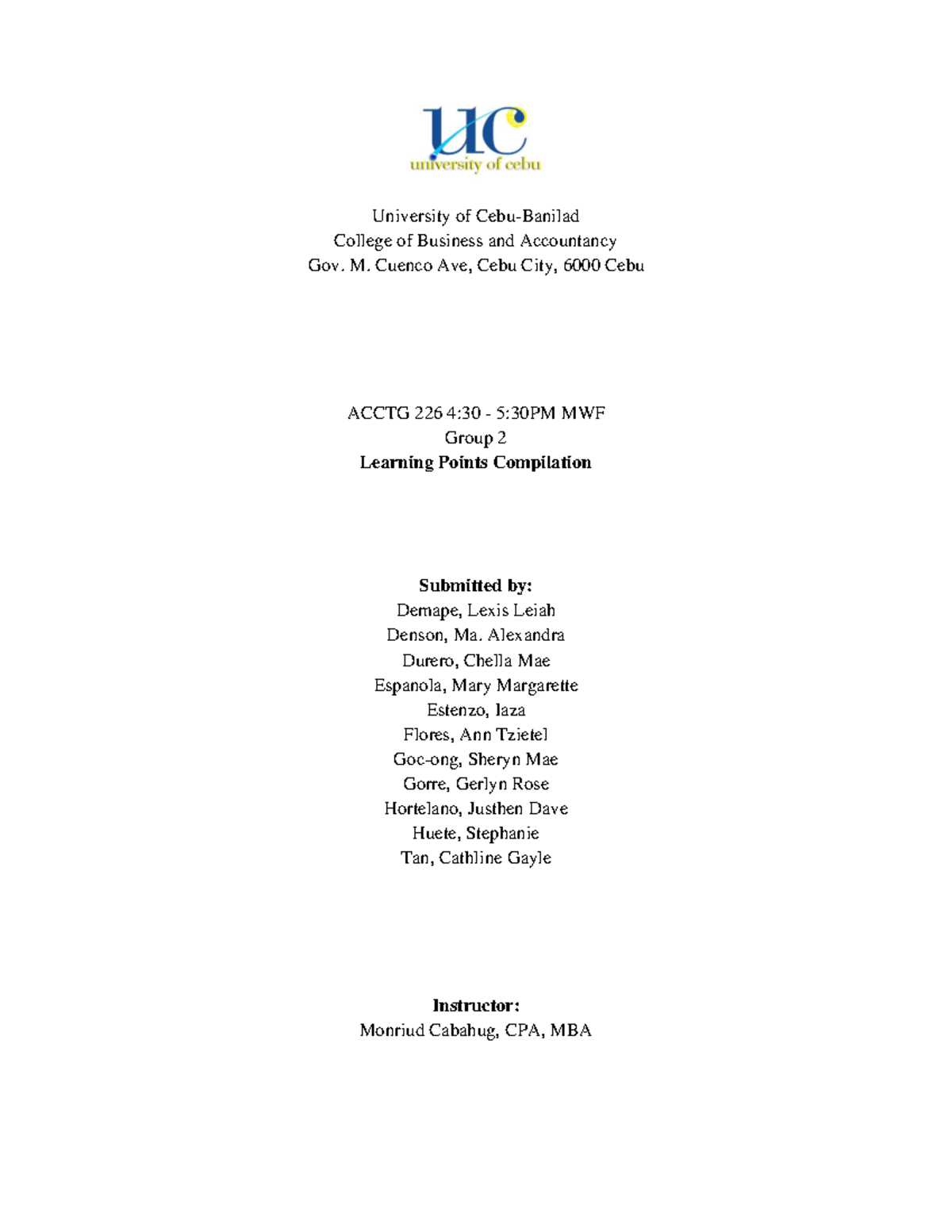 Denson Group 2-Compilation of Learning Points - University of Cebu ...