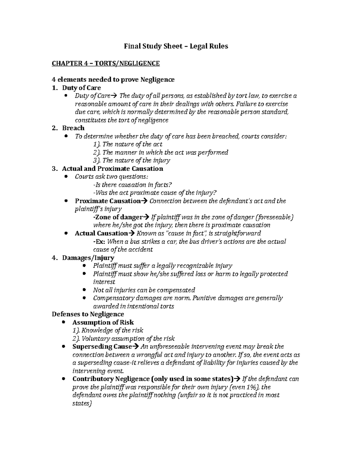 LAW 1101 Final review sheet - Final Study Sheet – Legal Rules CHAPTER 4 ...