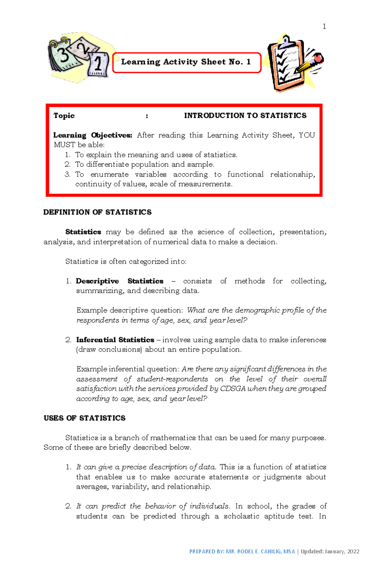 Statistical analysis Learning answer shhet - DEFINITION OF STATISTICS ...