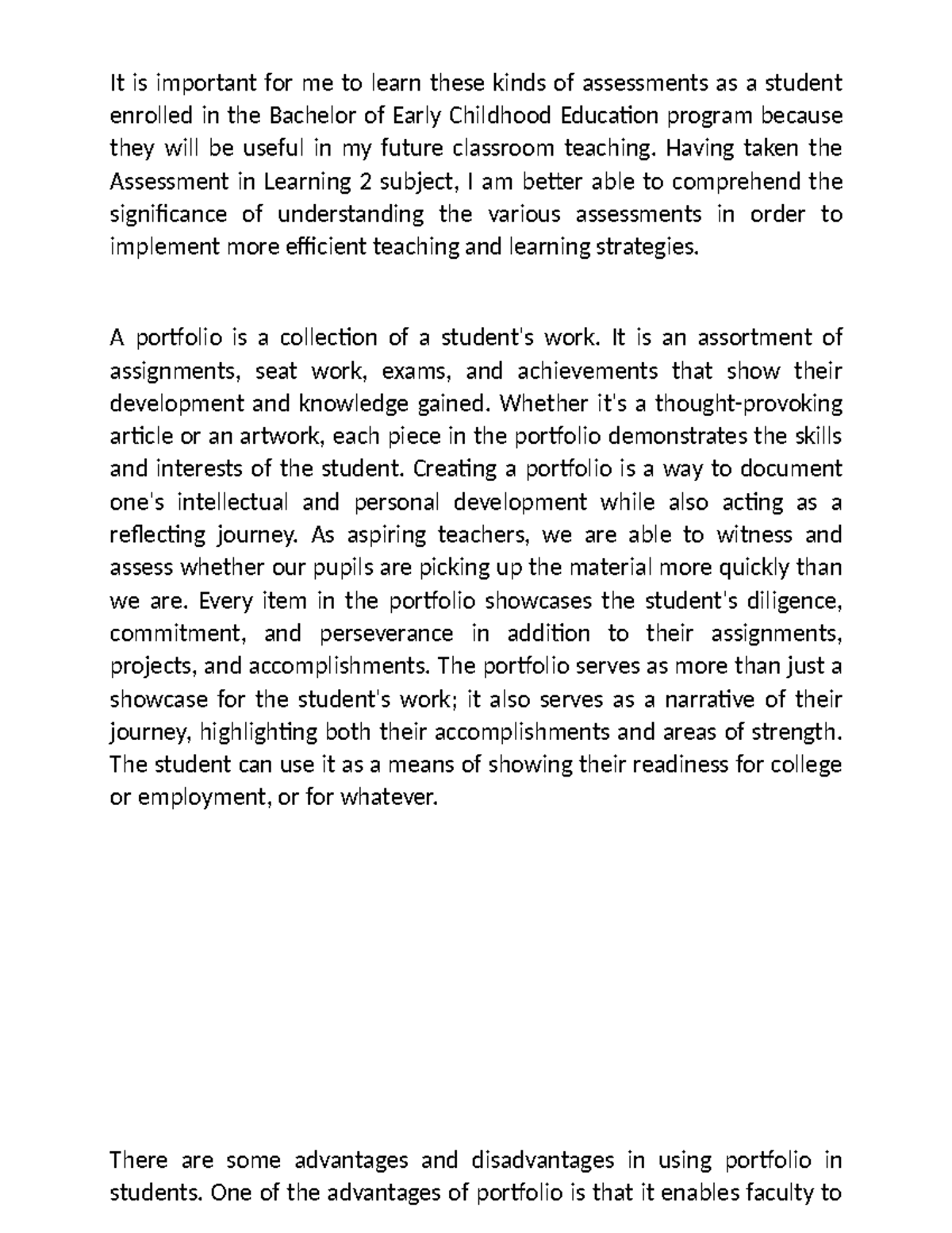 Reflection - It is important for me to learn these kinds of assessments ...