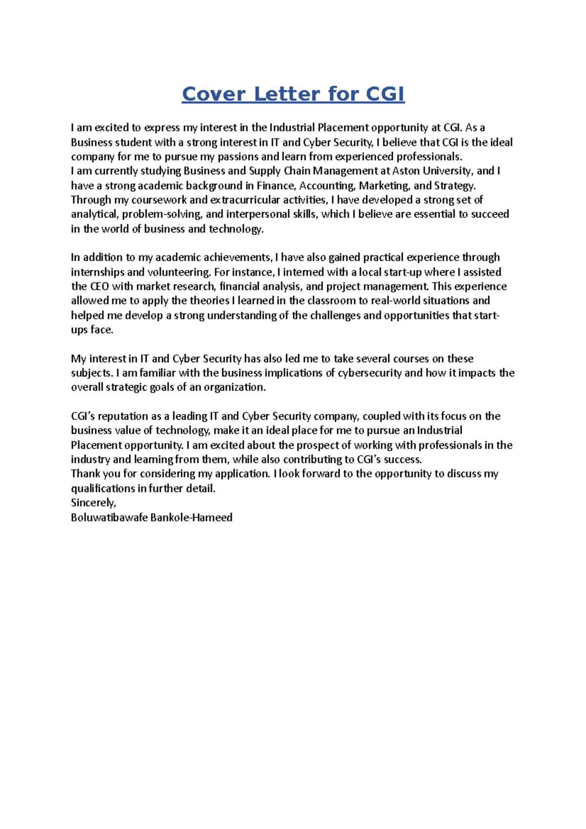 Cover Letter for CGI - #freetrail - Cover Letter for CGI I am excited ...