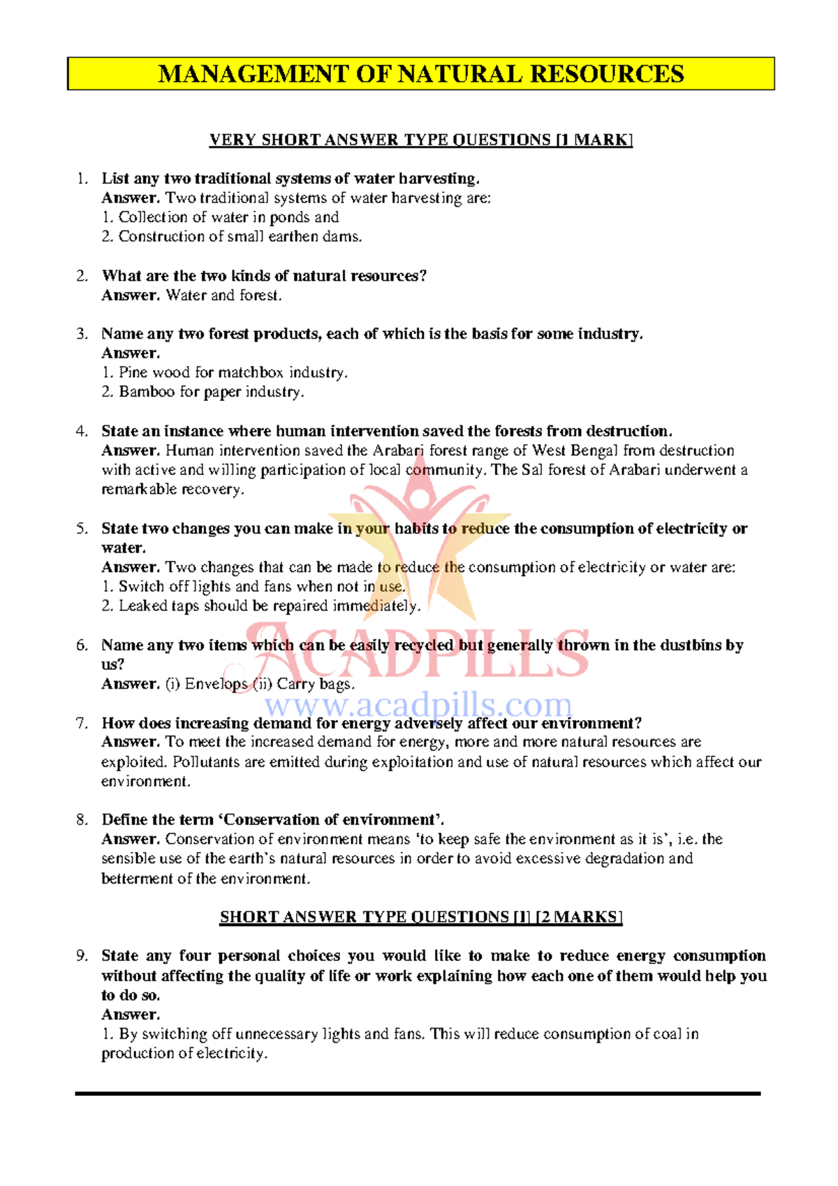 Management Of Natural Resources important questions - MANAGEMENT OF ...