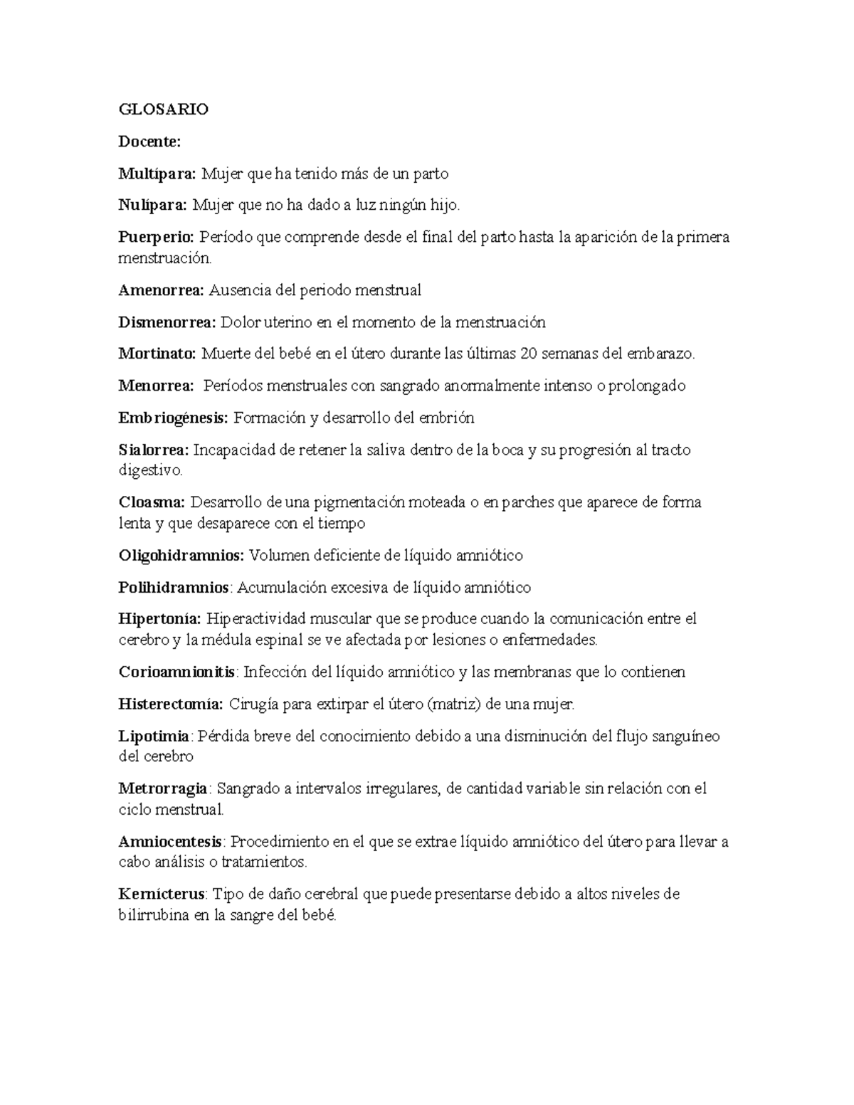 Glosario - GLOSARIO Docente: Multípara: Mujer que ha tenido más de un ...