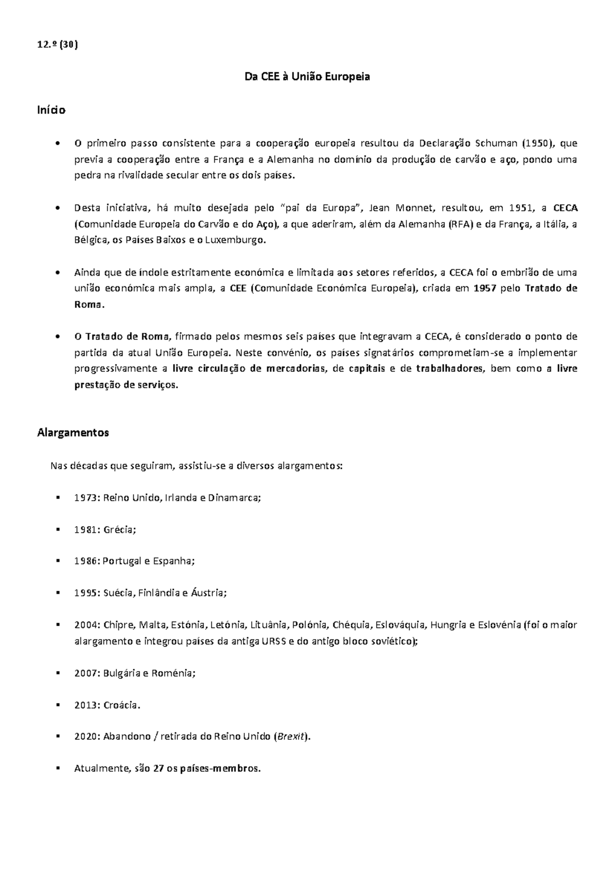 Da CEE à União Europeia - resumo da matéria - 12.º (30) Da CEE à União ...