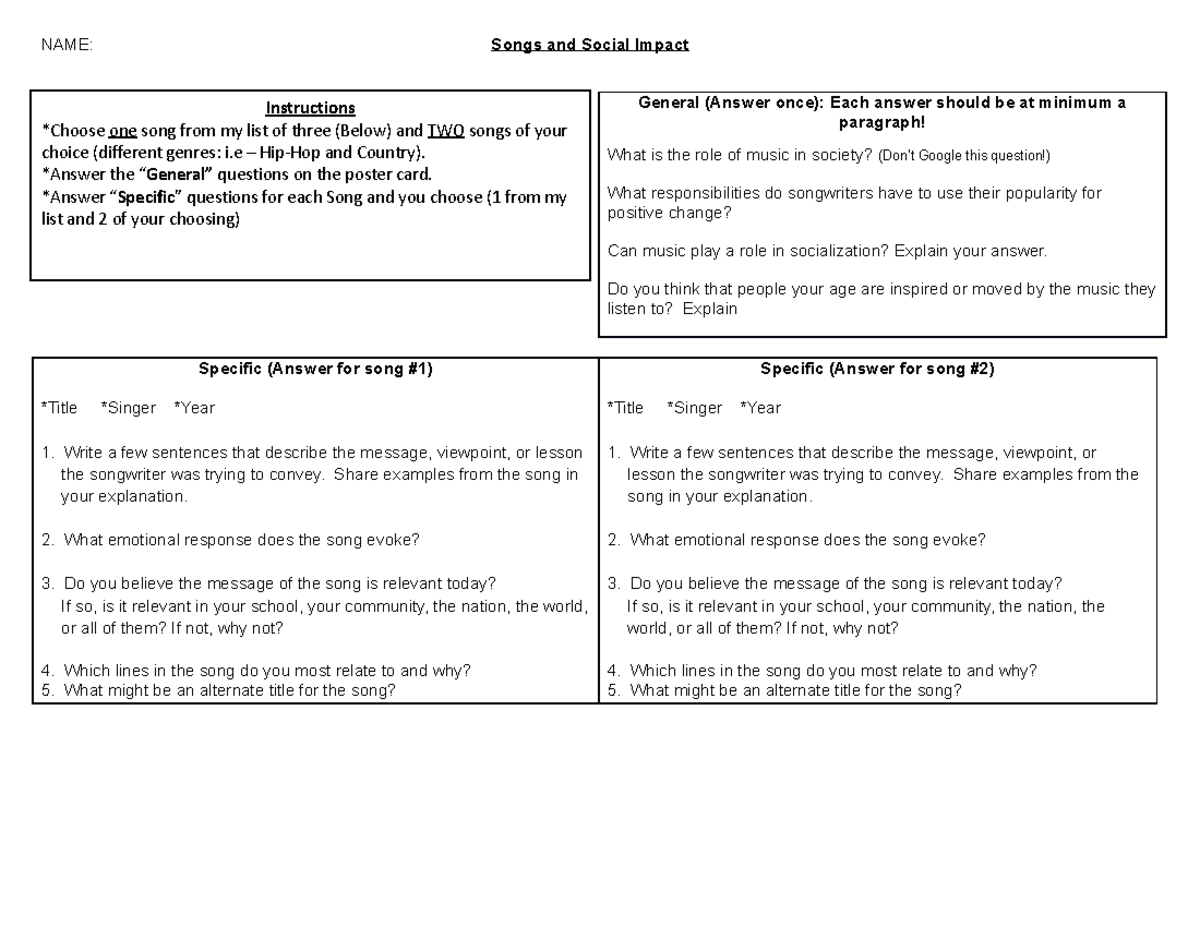 Song Lyric Analysis - NAME: Songs and Social Impact General (Answer ...