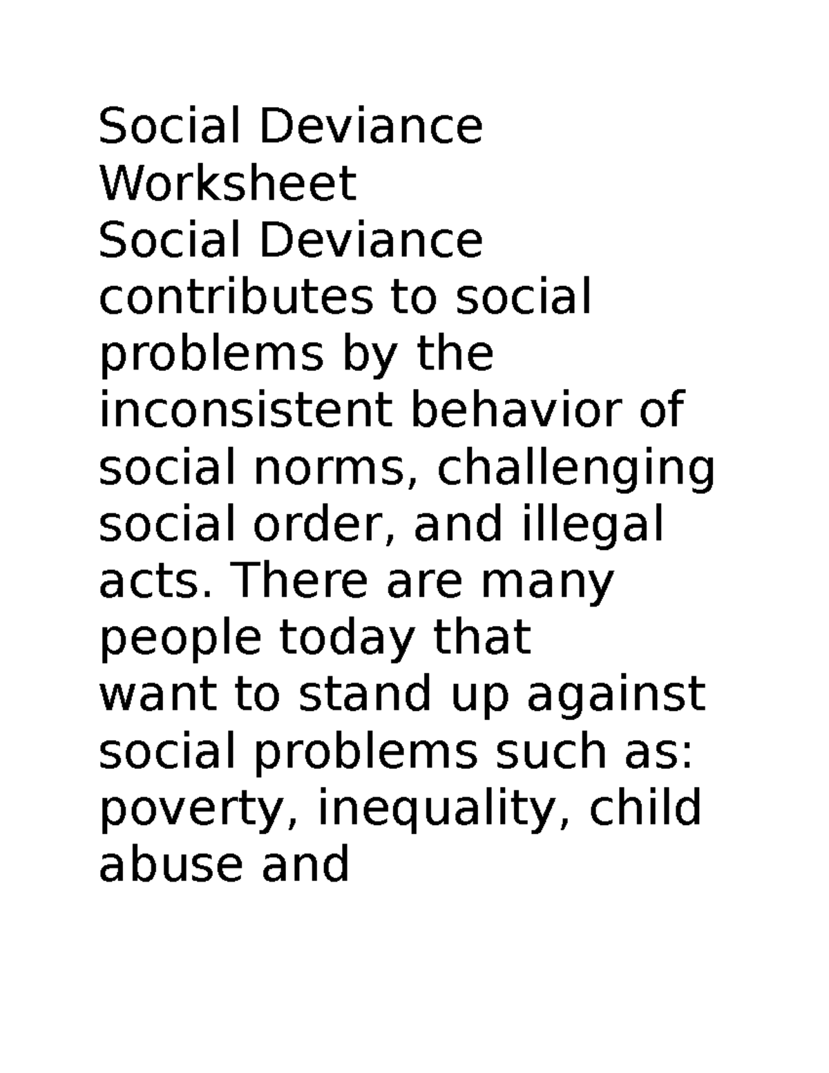 Social Deviance Worksheet SOC 220 - Social Deviance Worksheet Social ...