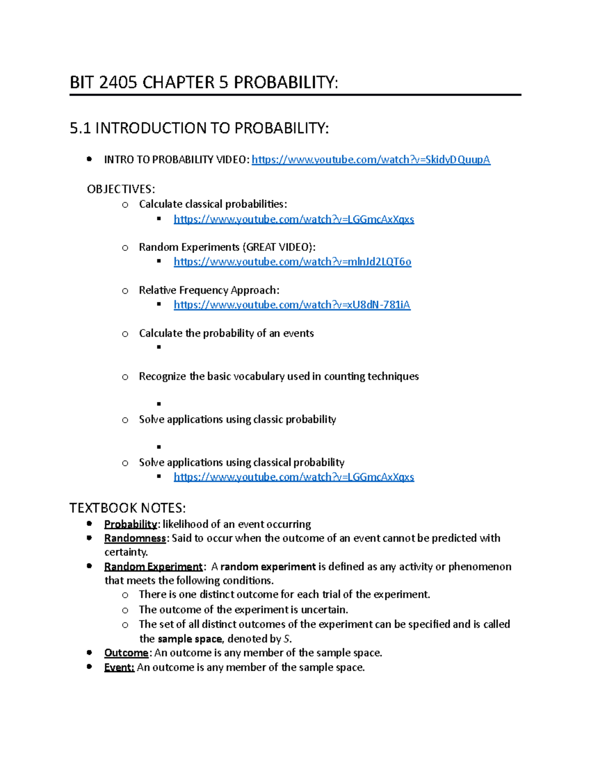 BIT 2405 Chapter 5 Probability Textbook Notes - BIT 2405 CHAPTER 5 ...