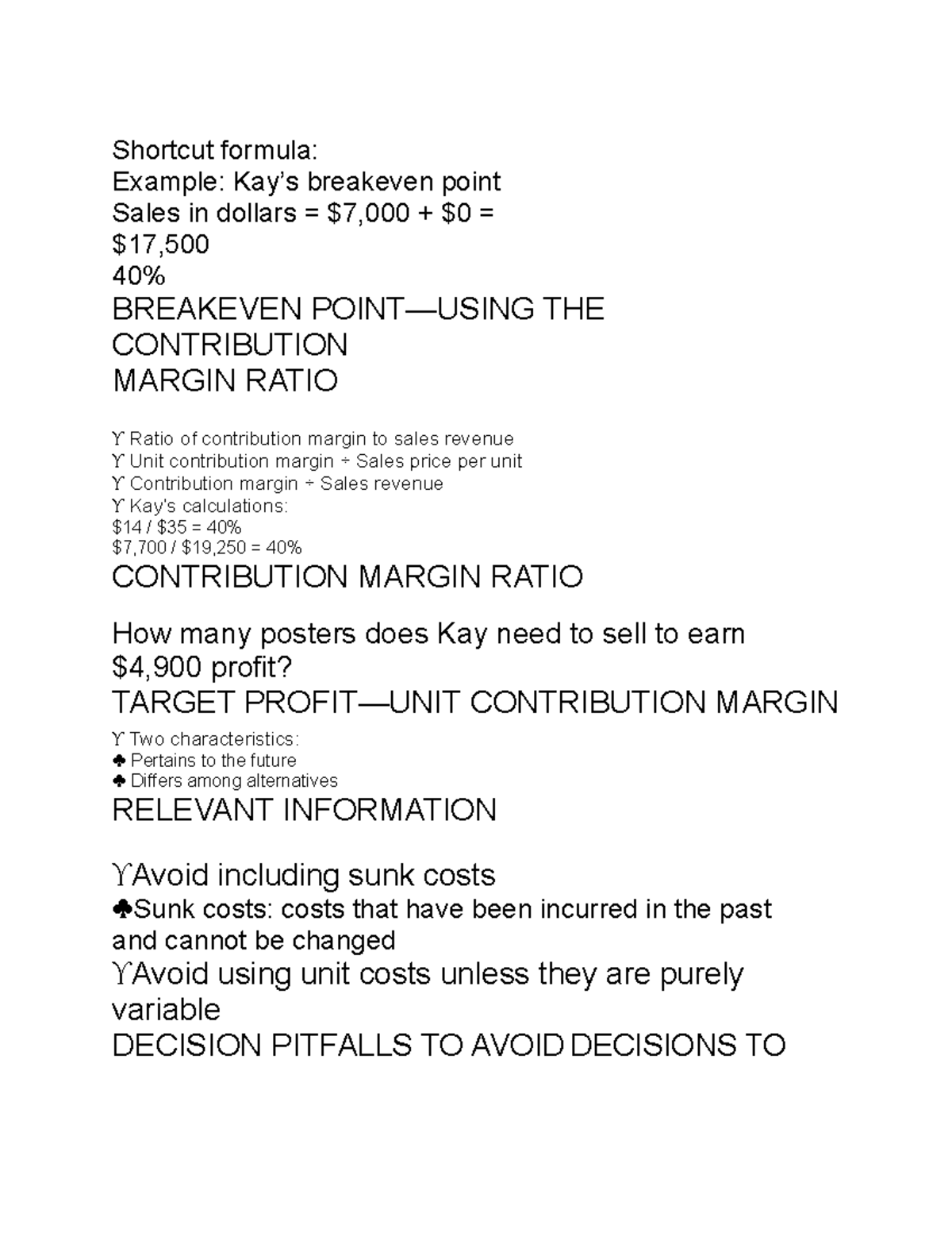 ACC 223 FINAL EXAM REVIEW Shortcut Formula Example Kay s Breakeven