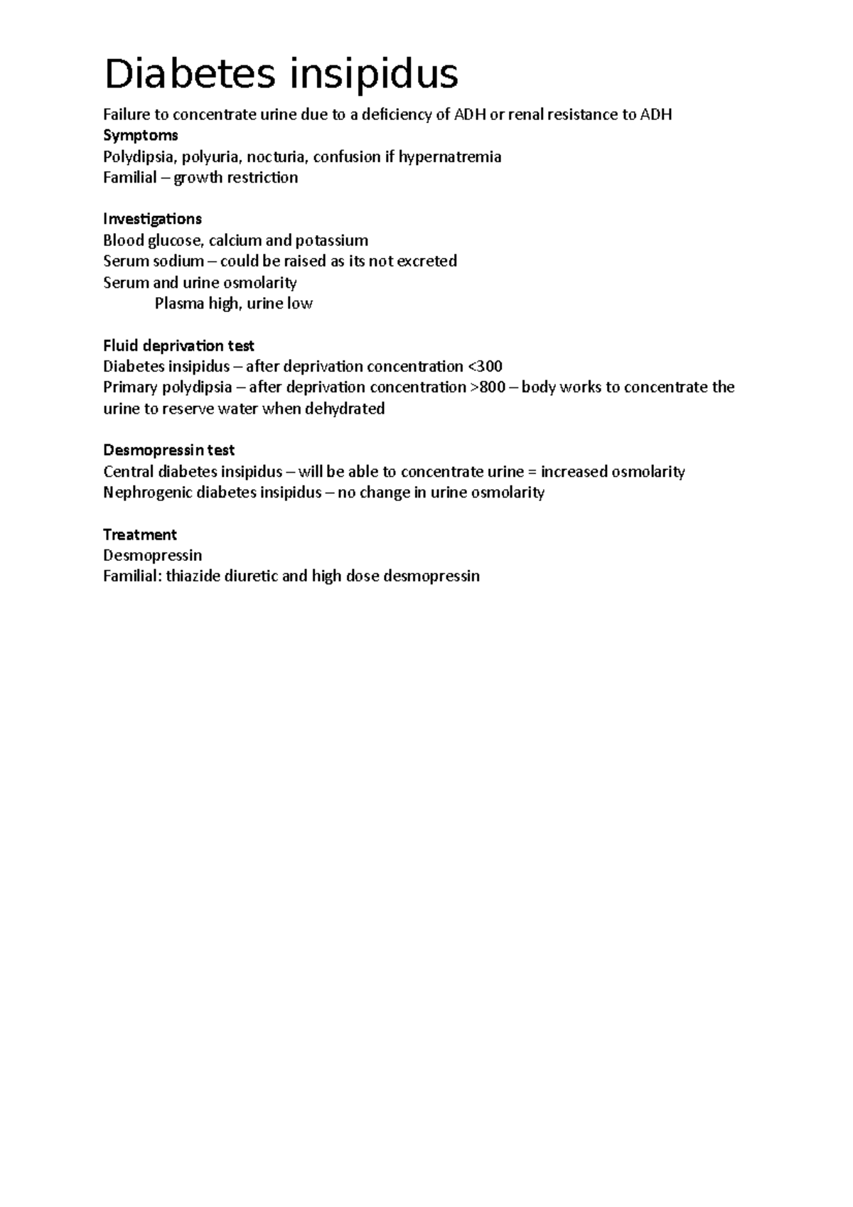 Diabetes Insipidus - DI. Symptoms, investigations and management ...