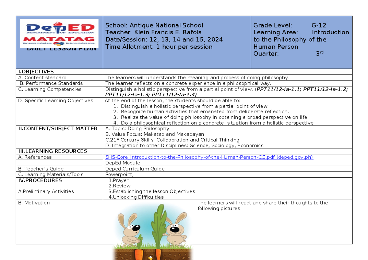 DLP-Philosophy-W2 - Philosophy Materials - DAILY LESSON PLAN School ...