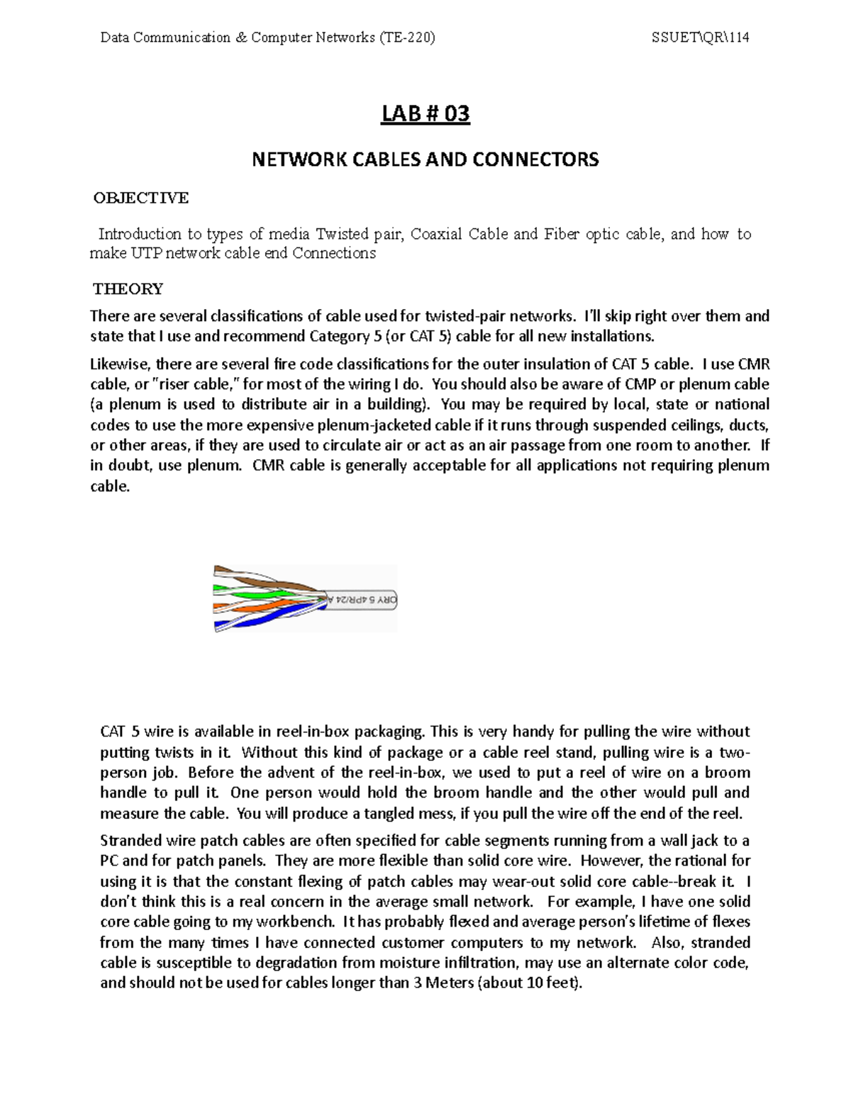 LAB 03 - data - LAB # 03 NETWORK CABLES AND CONNECTORS OBJECTIVE ...