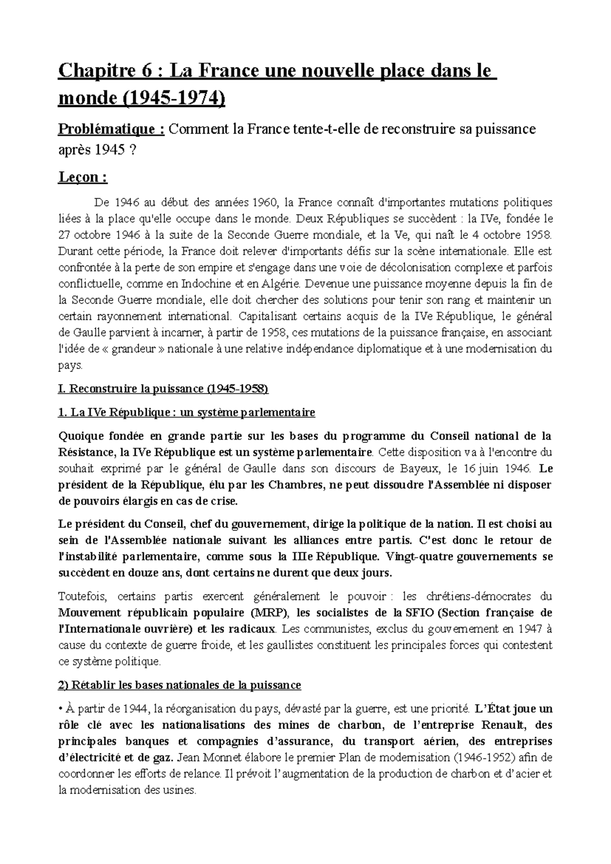 Chapitre 6 La France une nouvelle place dans le monde - Chapitre 6 : La ...