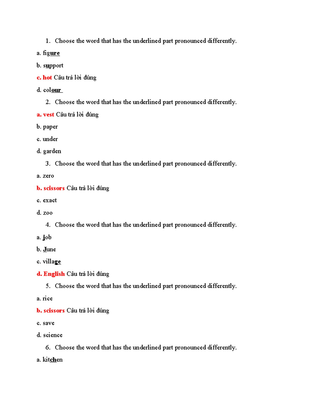 Ngu am thuc hanh ehou en09 - Choose the word that has the underlined ...