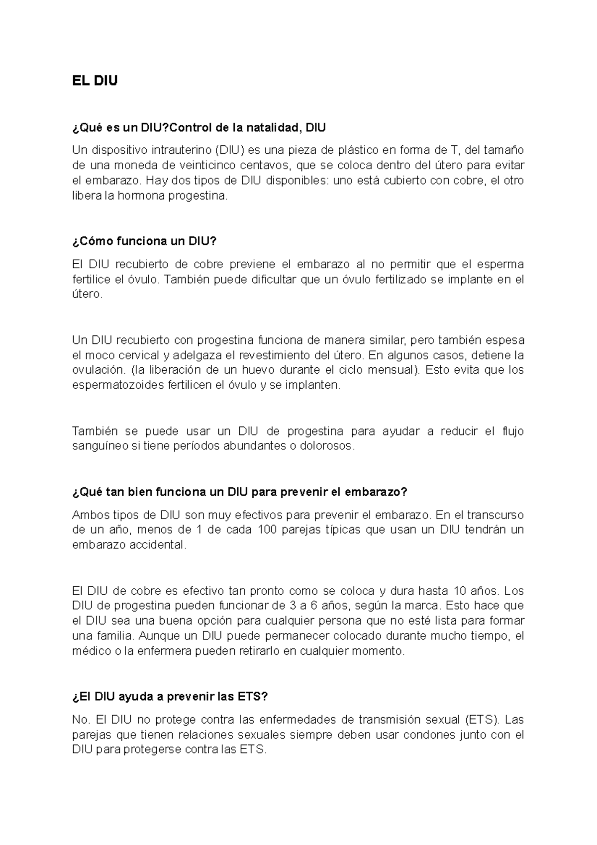 EL DIU - Consejeria sexual - EL DIU ¿Qué es un DIU?Control de la ...