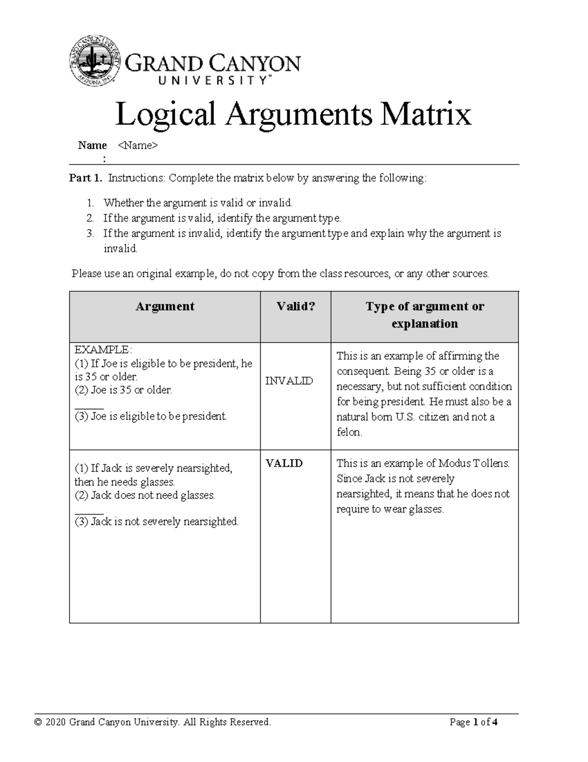 Logical Arguments Worksheet - Logical Arguments Matrix Name : Part 1 ...