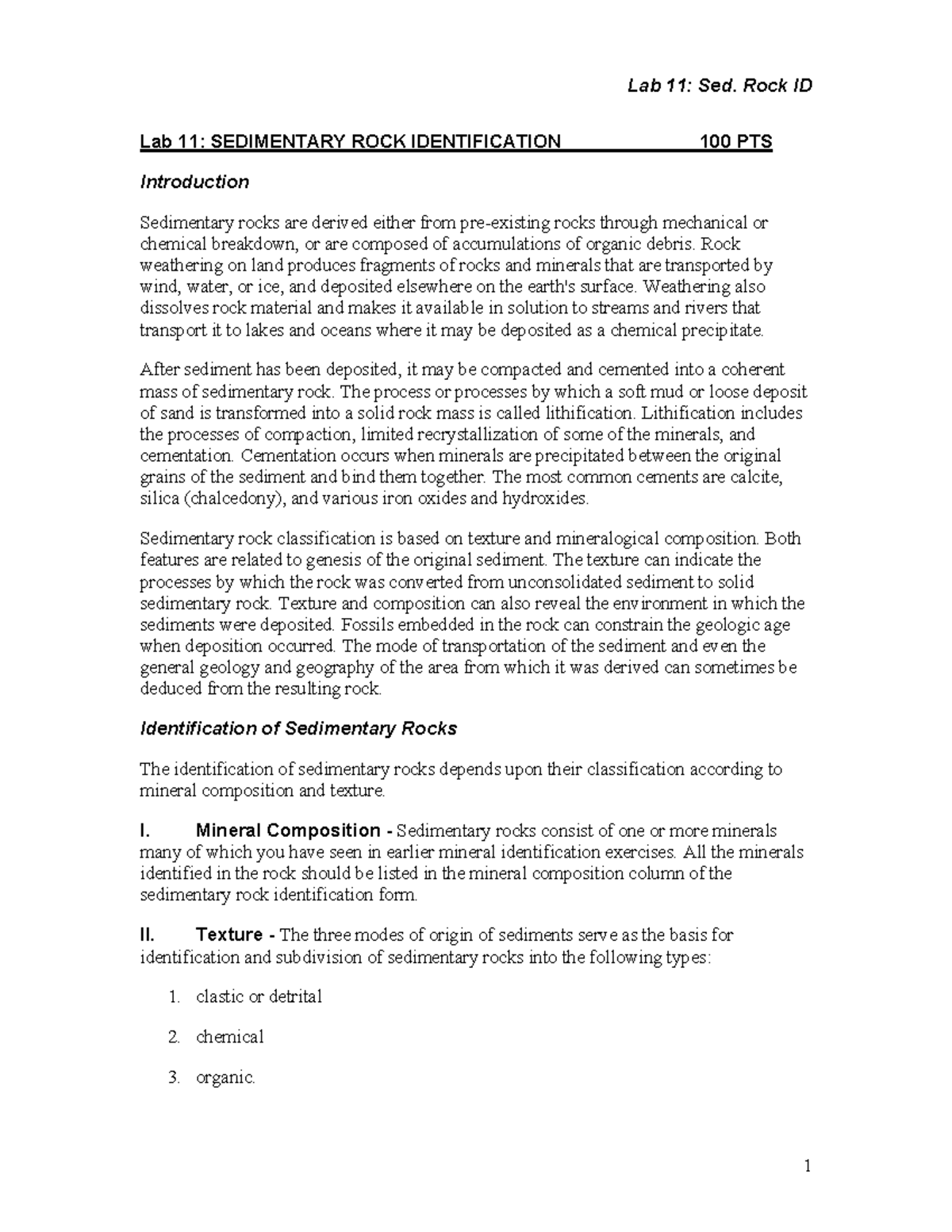 Sed rocks id lab - Lab 11: Sed. Rock ID Lab 11: SEDIMENTARY ROCK ...