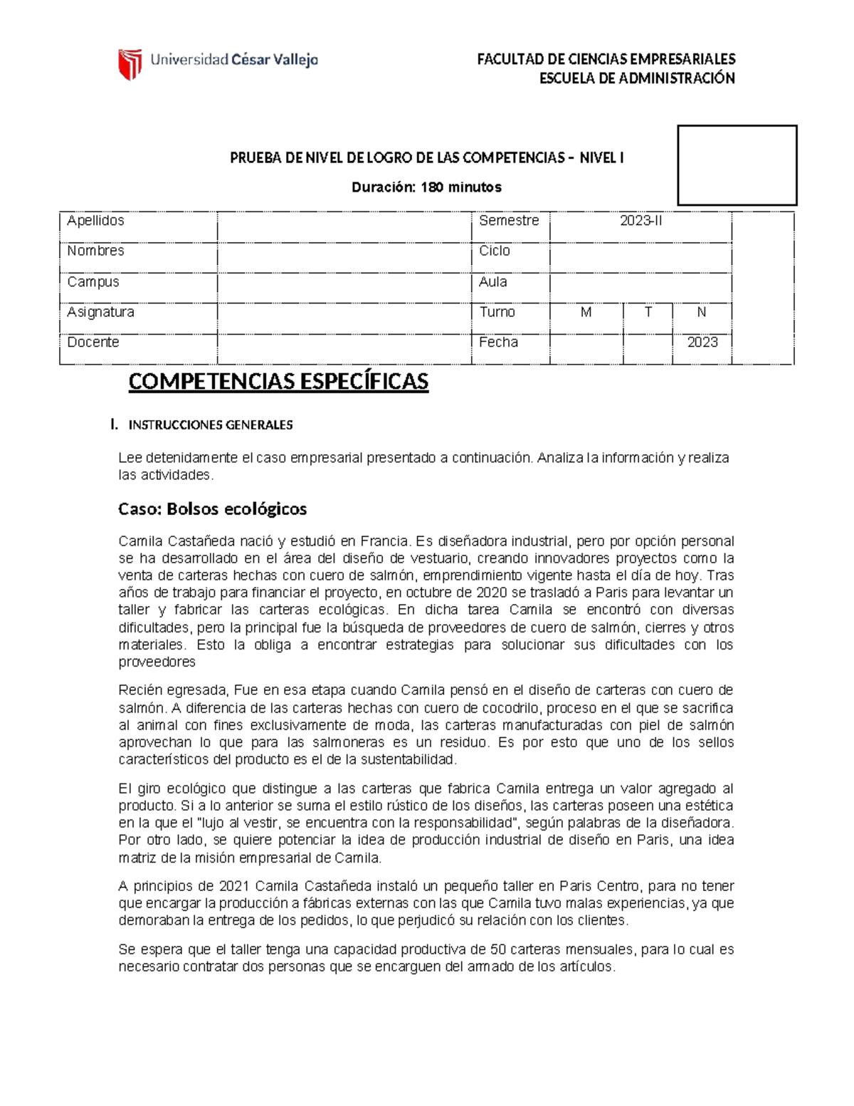 IV Ciclo - PNL- Nivel I 2023-2 - Tagged - ESCUELA DE ADMINISTRACIÓN PRUEBA DE NIVEL DE LOGRO DE ...