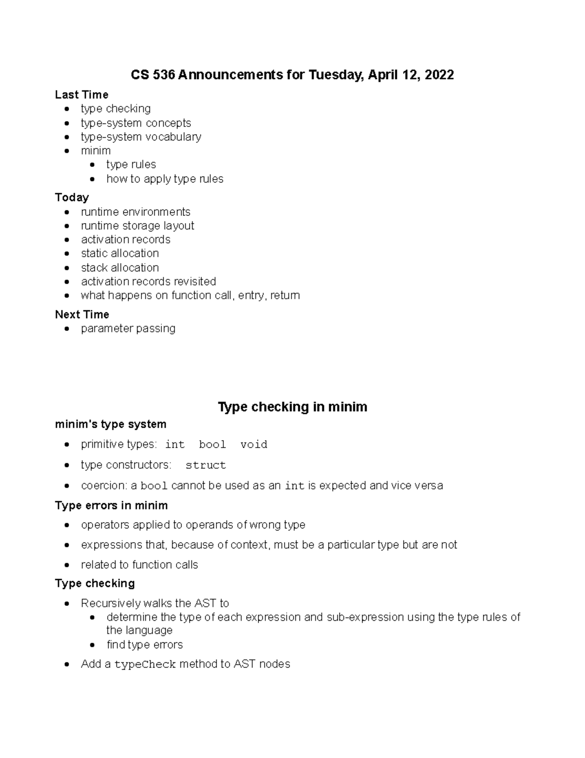 Lec - Week12 - CS 536 Announcements for Tuesday, April 12, 2022 Last ...