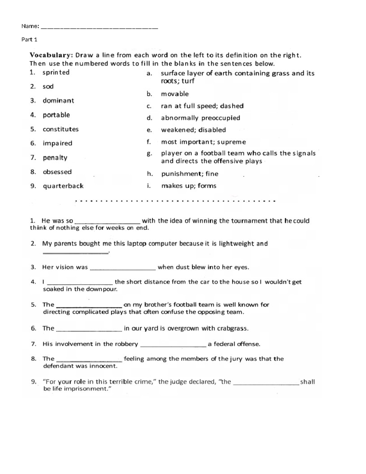 Part 1 Vocabulary Questions Writing - Name ...