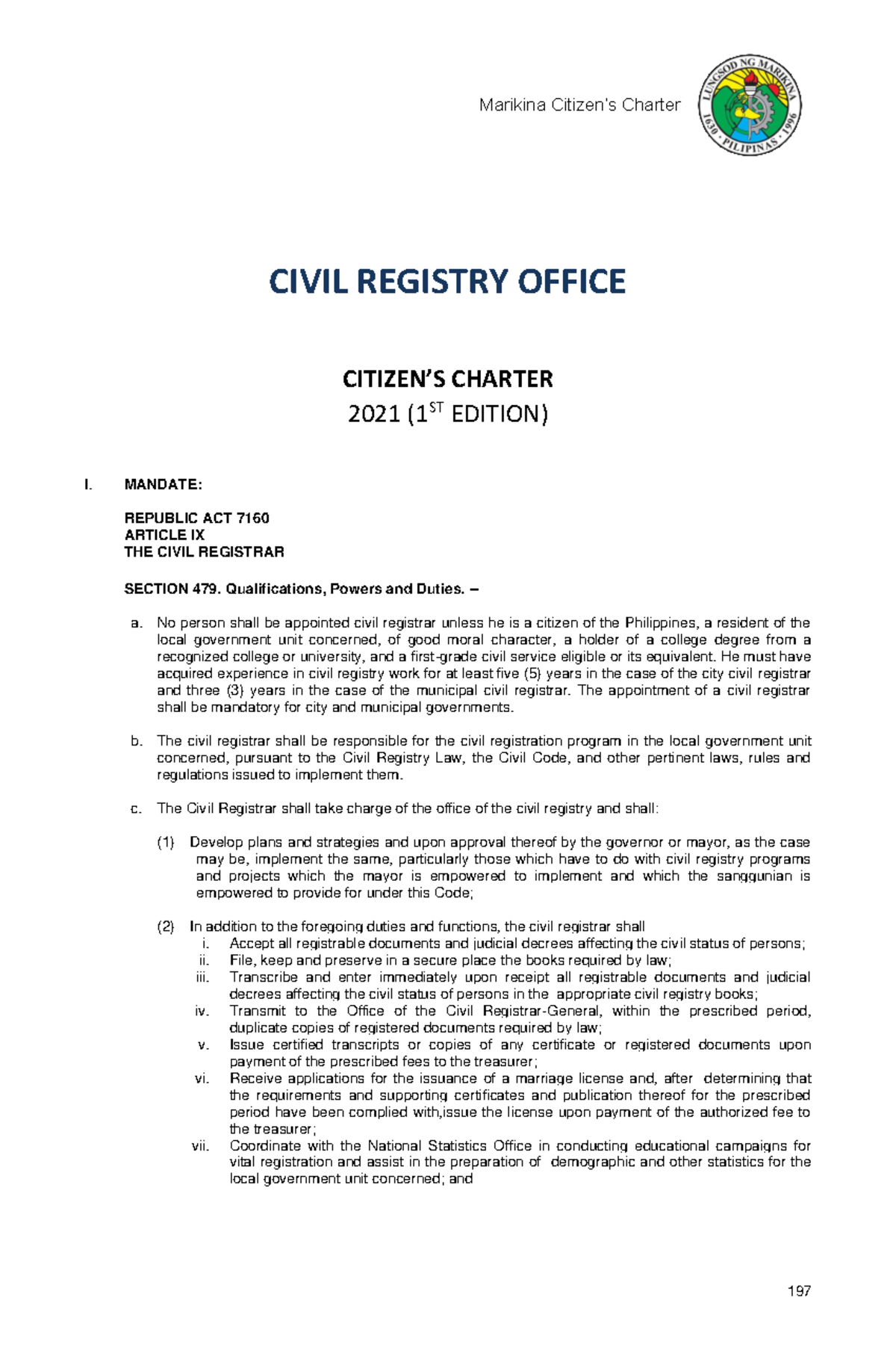 Civil registry - CIVIL REGISTRY OFFICE CITIZEN’S CHARTER 2021 ( ST ...