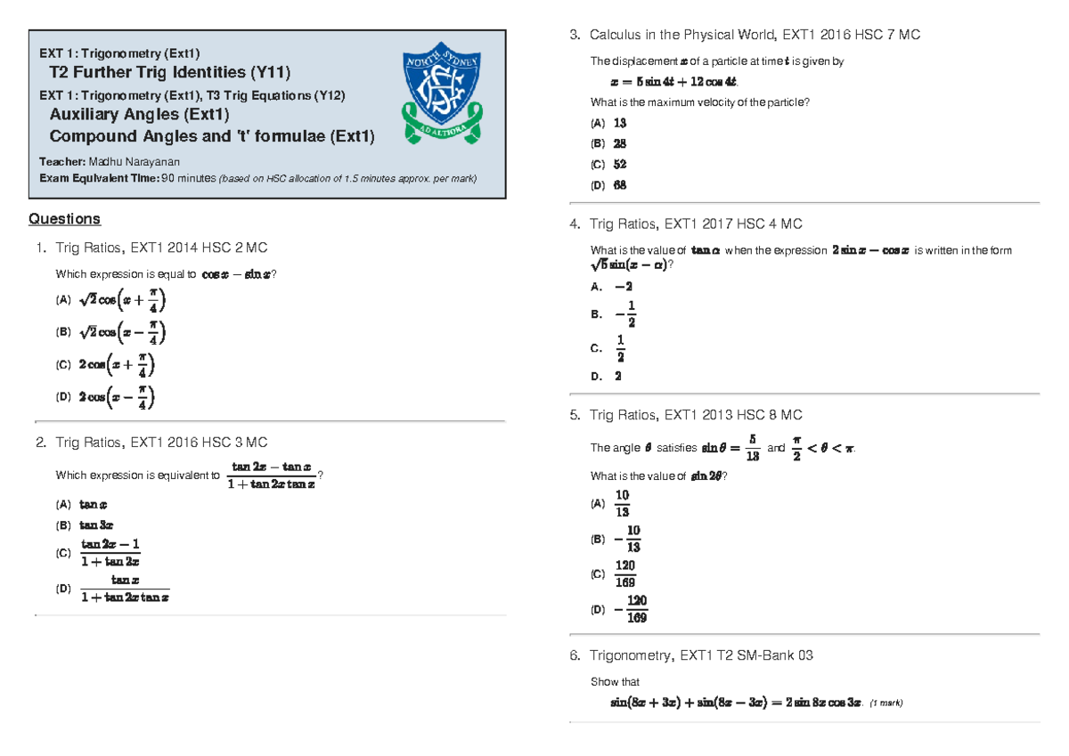 5 Further Trigonometry X1 - 1. Trig Ratios, EXT1 2014 HSC 2 MC 2. Trig ...