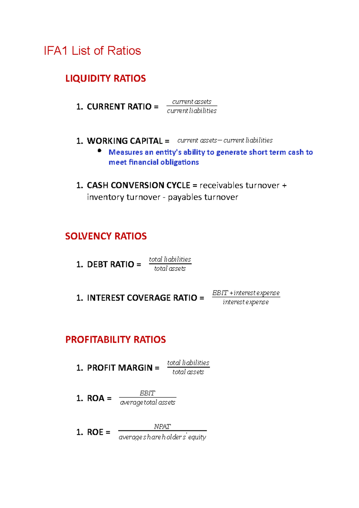 IFA1 List of Ratios - IFA1 List of Ratios LIQUIDITY RATIOS 1. CURRENT ...