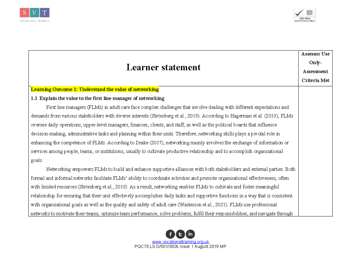 Learner statement unit - Learner statement Assessor Use Only ...
