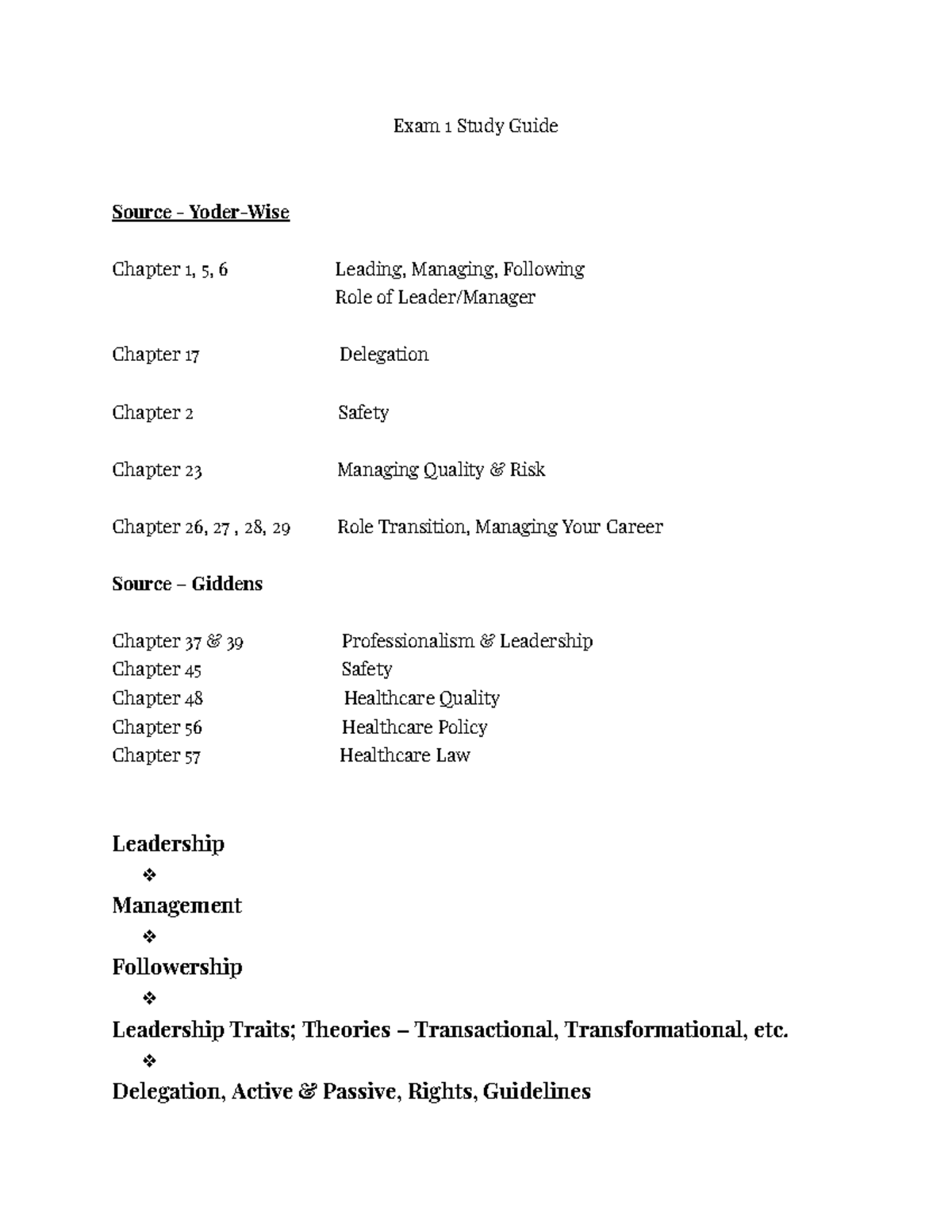 Leadership Exam #1 - Exam 1 Study Guide Source - Yoder-Wise Chapter 1 ...
