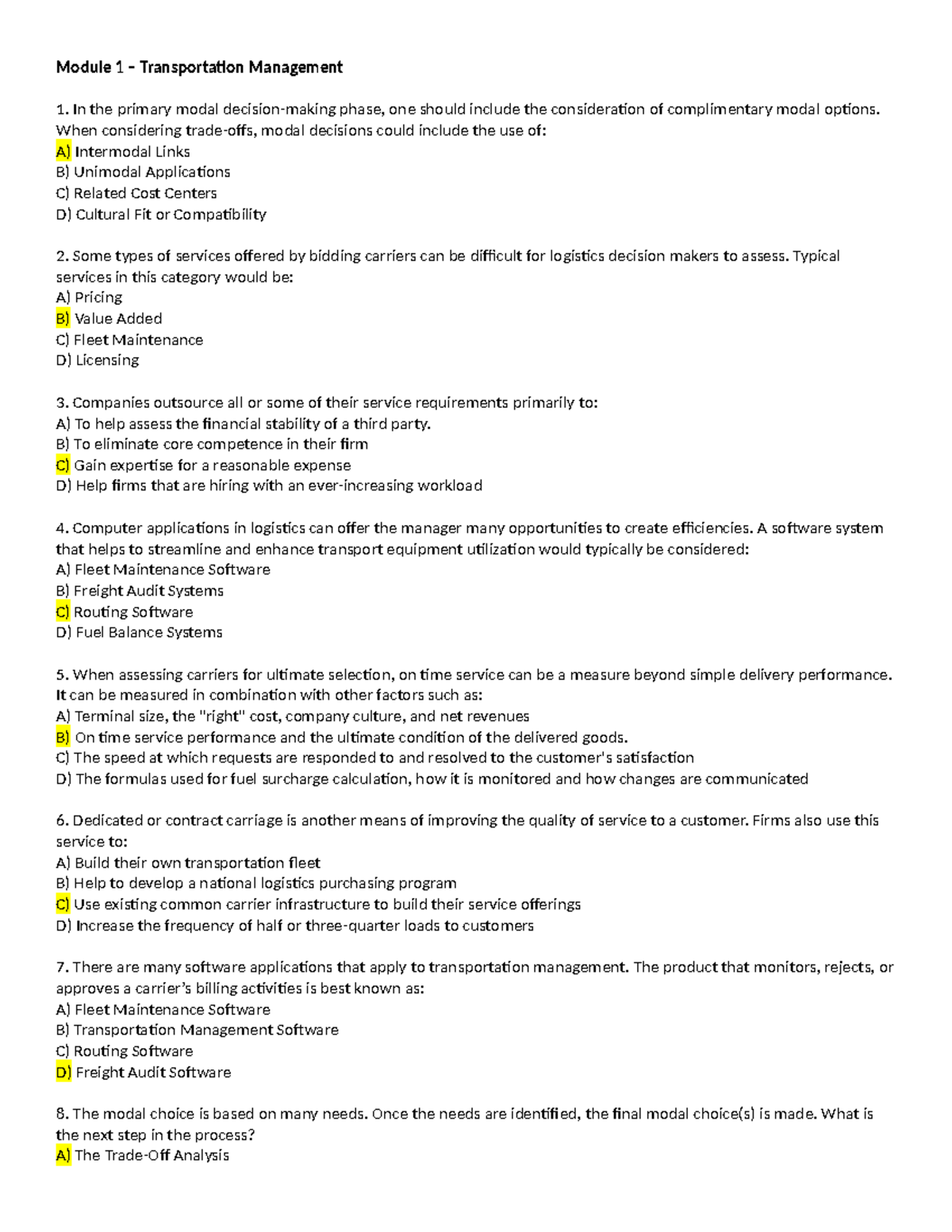 CITT Logistics Quizzes 1 - 10 - Module 1 – Transportation Management In ...