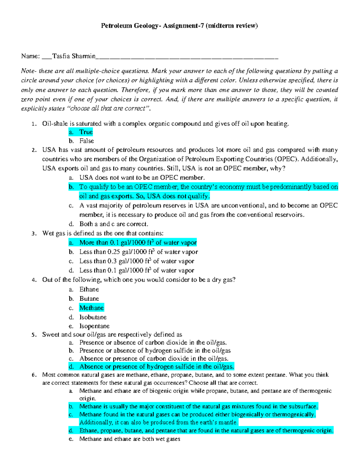 GEOL 4190 Assignment 7 - Petroleum Geology- Assignment-7 (midterm ...
