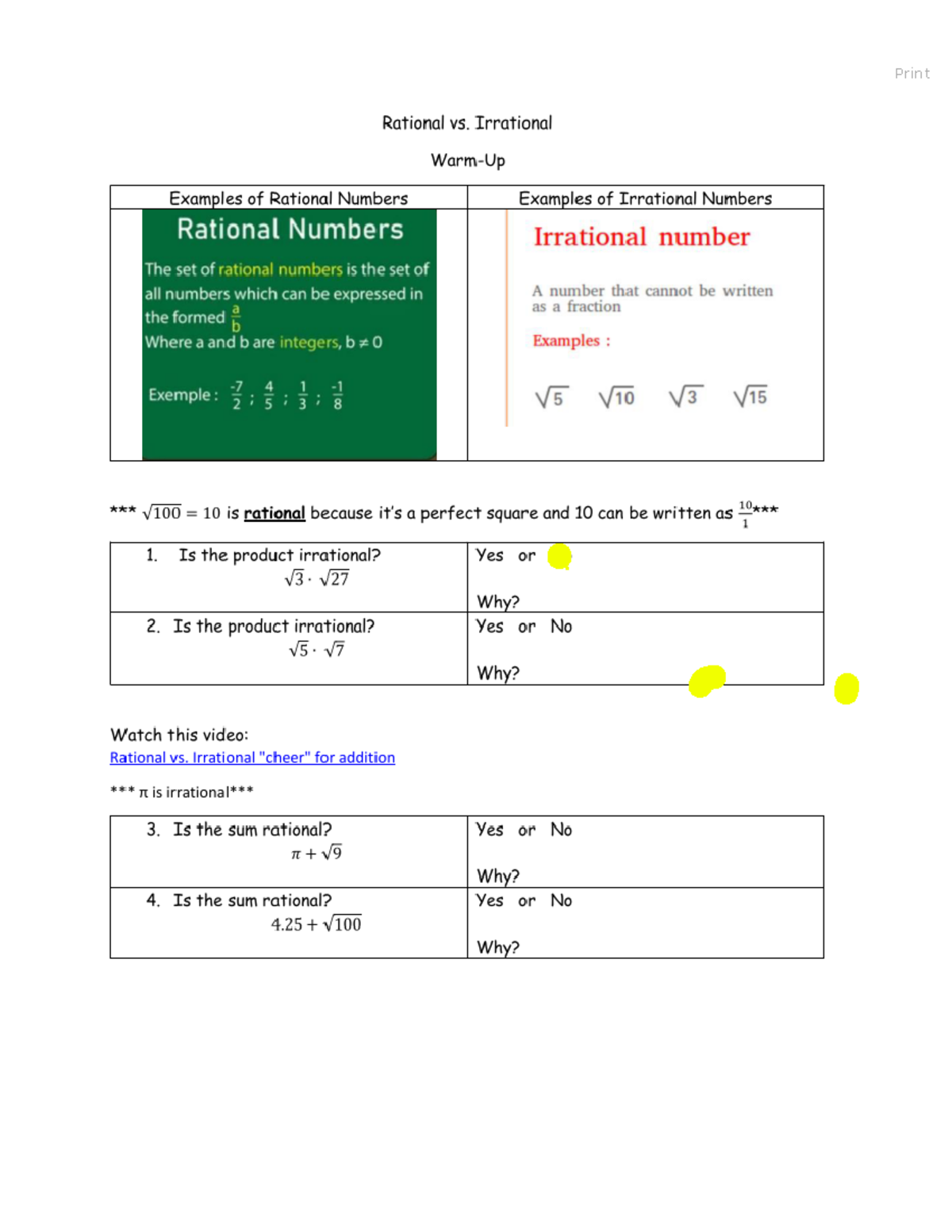 Aniyah Tiggs Rational Vs Irrational Warm Up Pdf Schoology Math 995