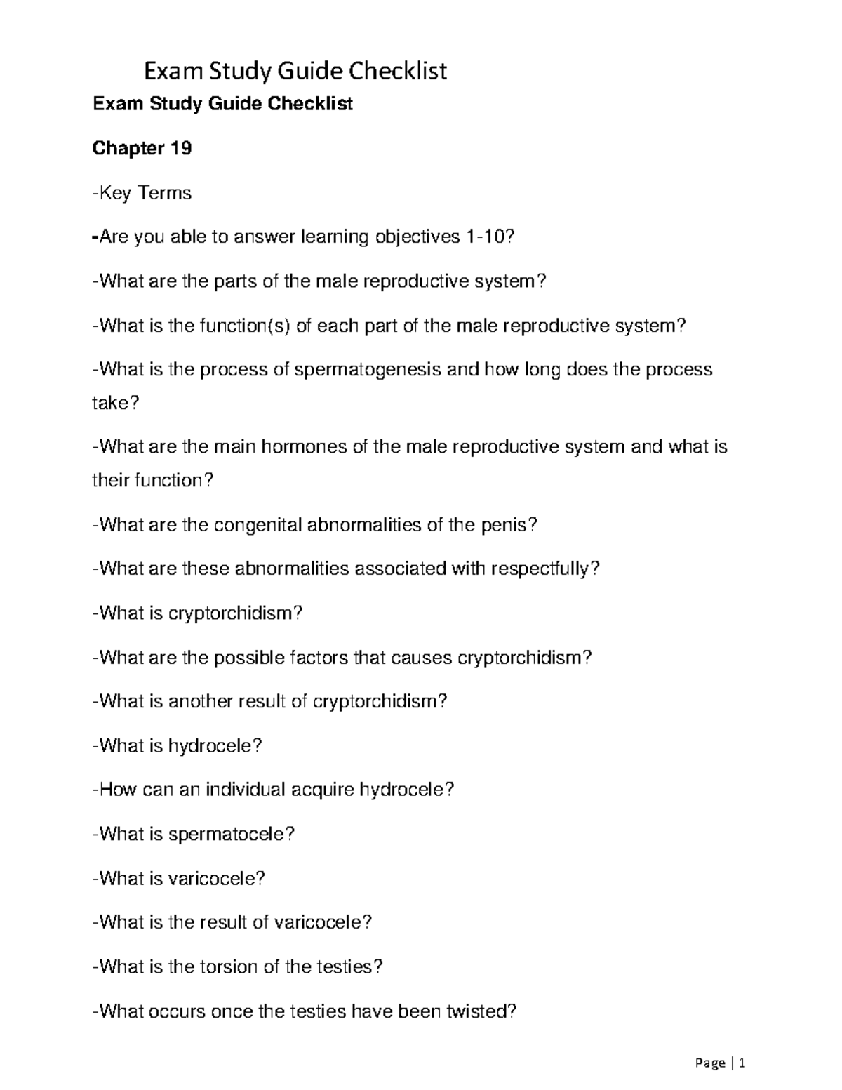 Exam Study Guide Checklist - Exam Study Guide Checklist Chapter 19 -Key ...