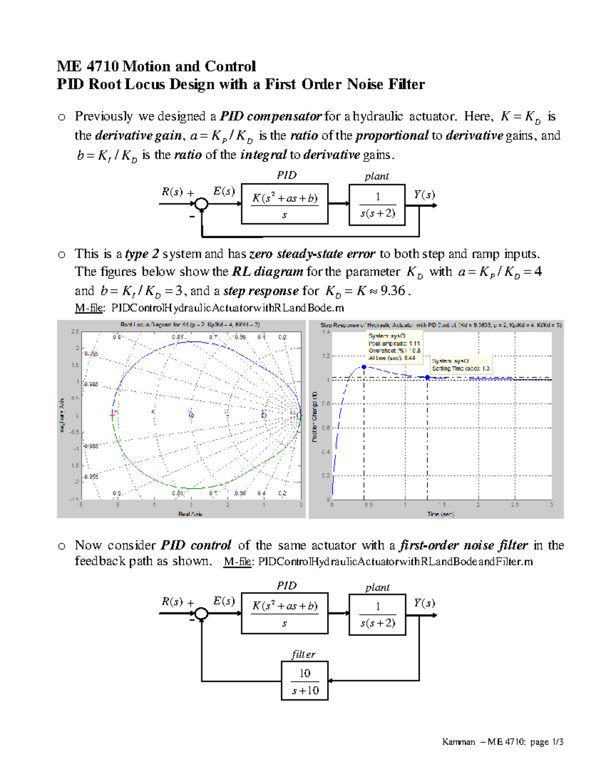 Lecture Notes Lecture 1 Motion And Control Me 4710 Me 4710 Motion And Control Pid Root