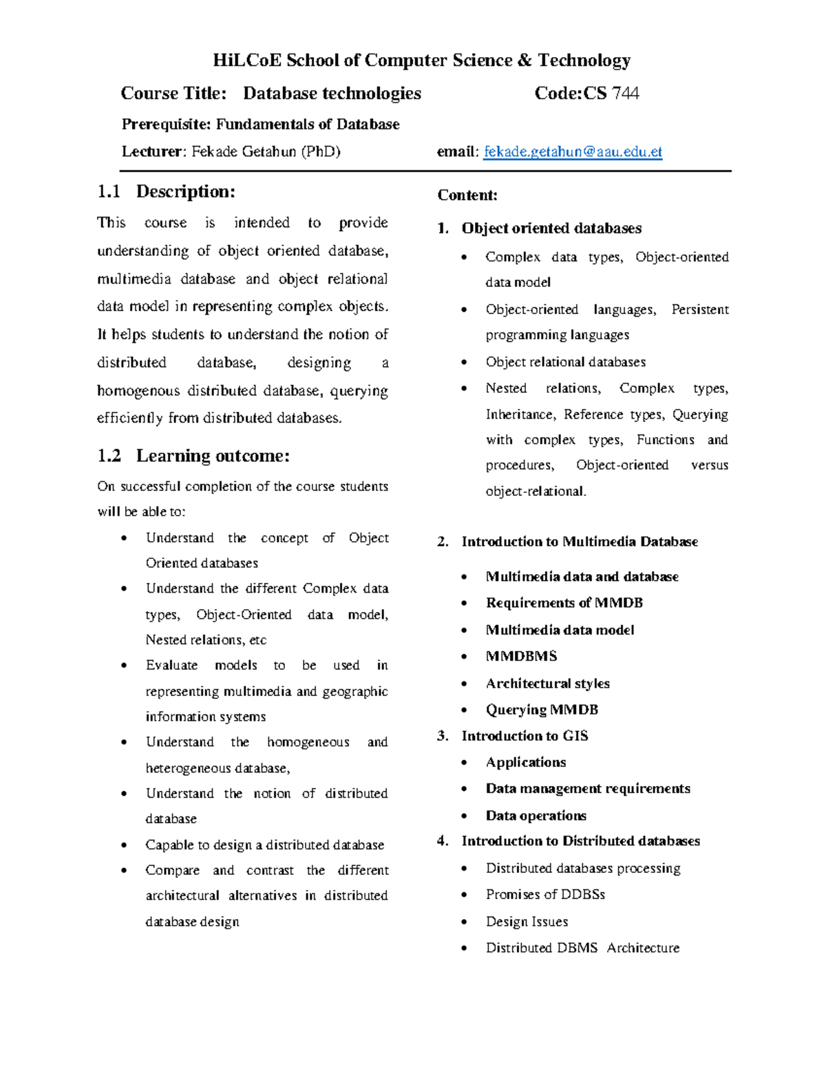 Course outline cs744 Hil Co E - HiLCoE School of Computer Science ...