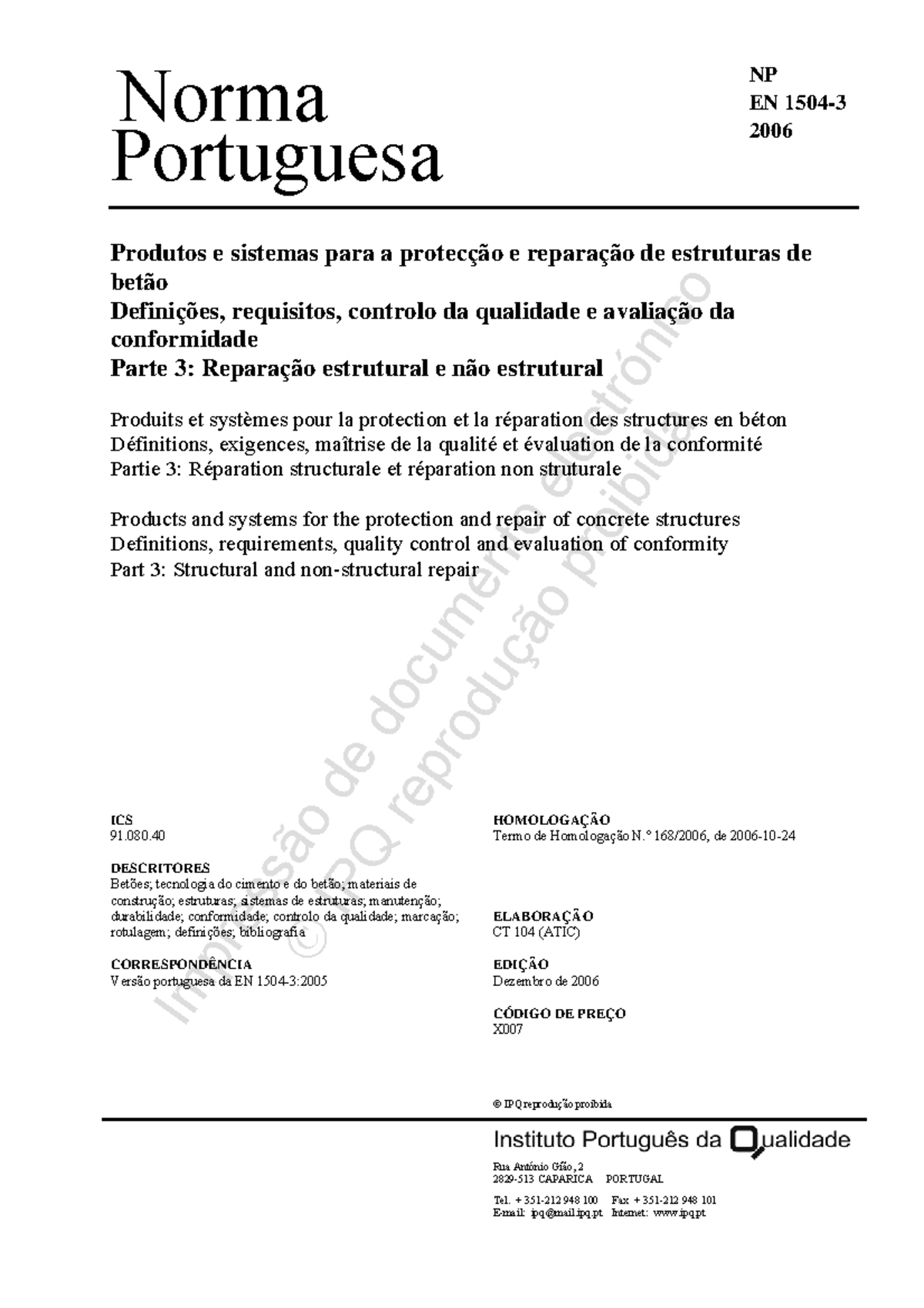EN 1504-3 - Norma EN 1504 - I m pr ess ã o de d o cu m ent o e l e c t ...