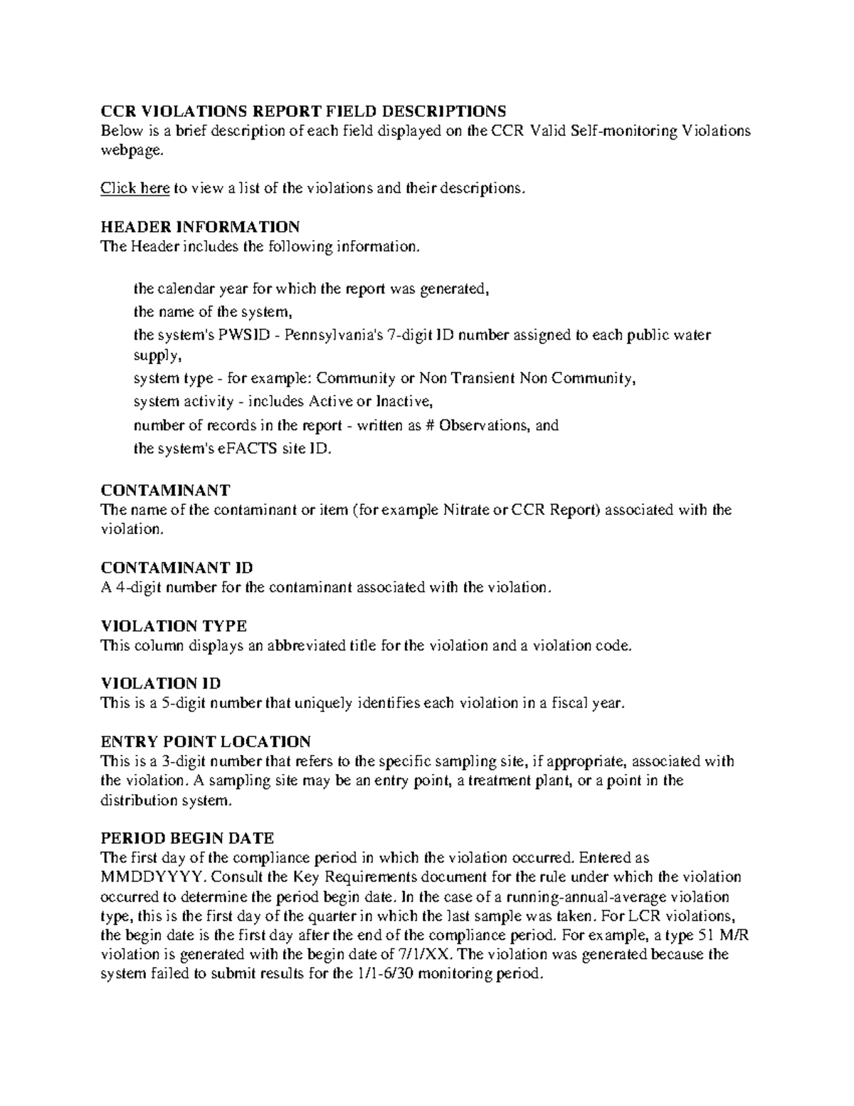 CCR Violations Report Field Descriptions - CCR VIOLATIONS REPORT FIELD ...
