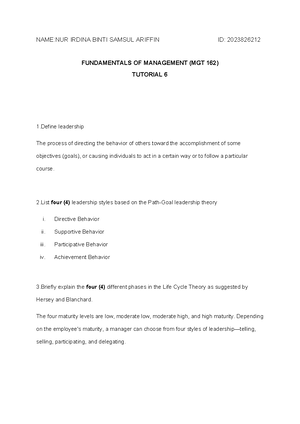 Tutorial MGT 6 - mgt162 - FUNDAMENTALS OF MANAGEMENT (MGT 162) TUTORIAL ...