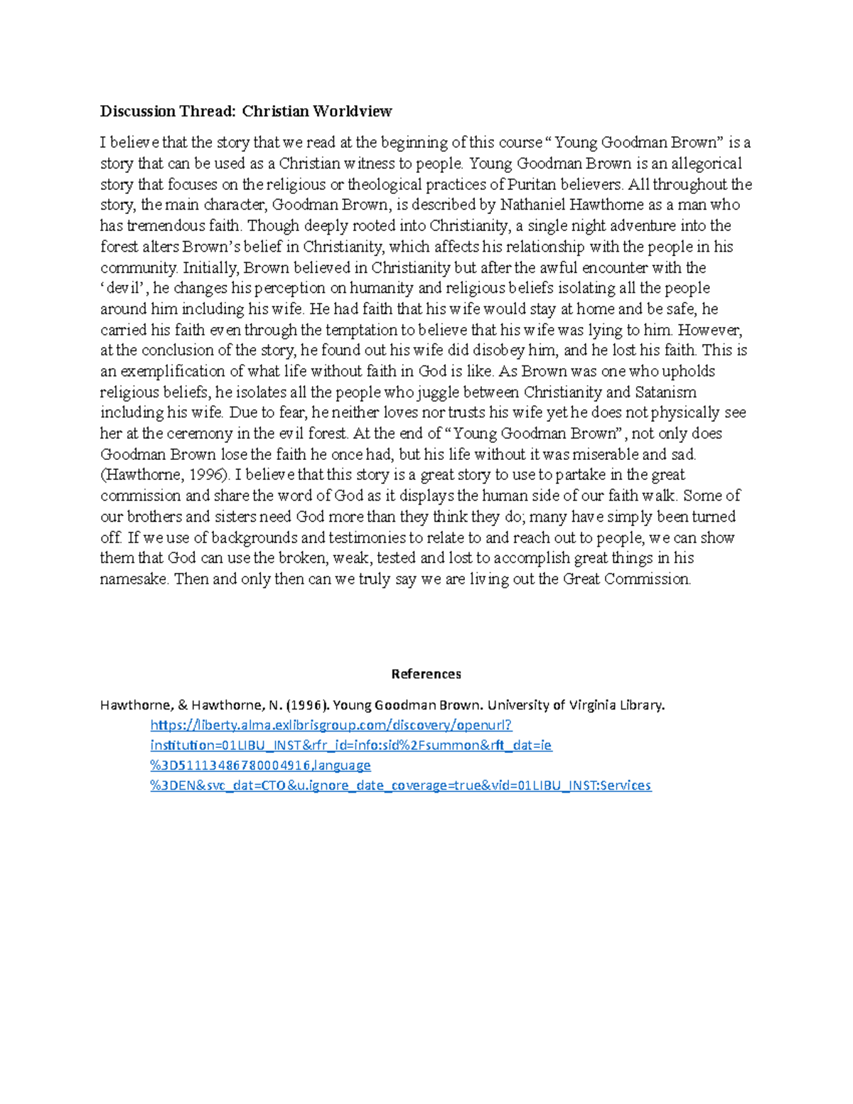 ENG 102 Disscussion Board Christian World View - Discussion Thread ...