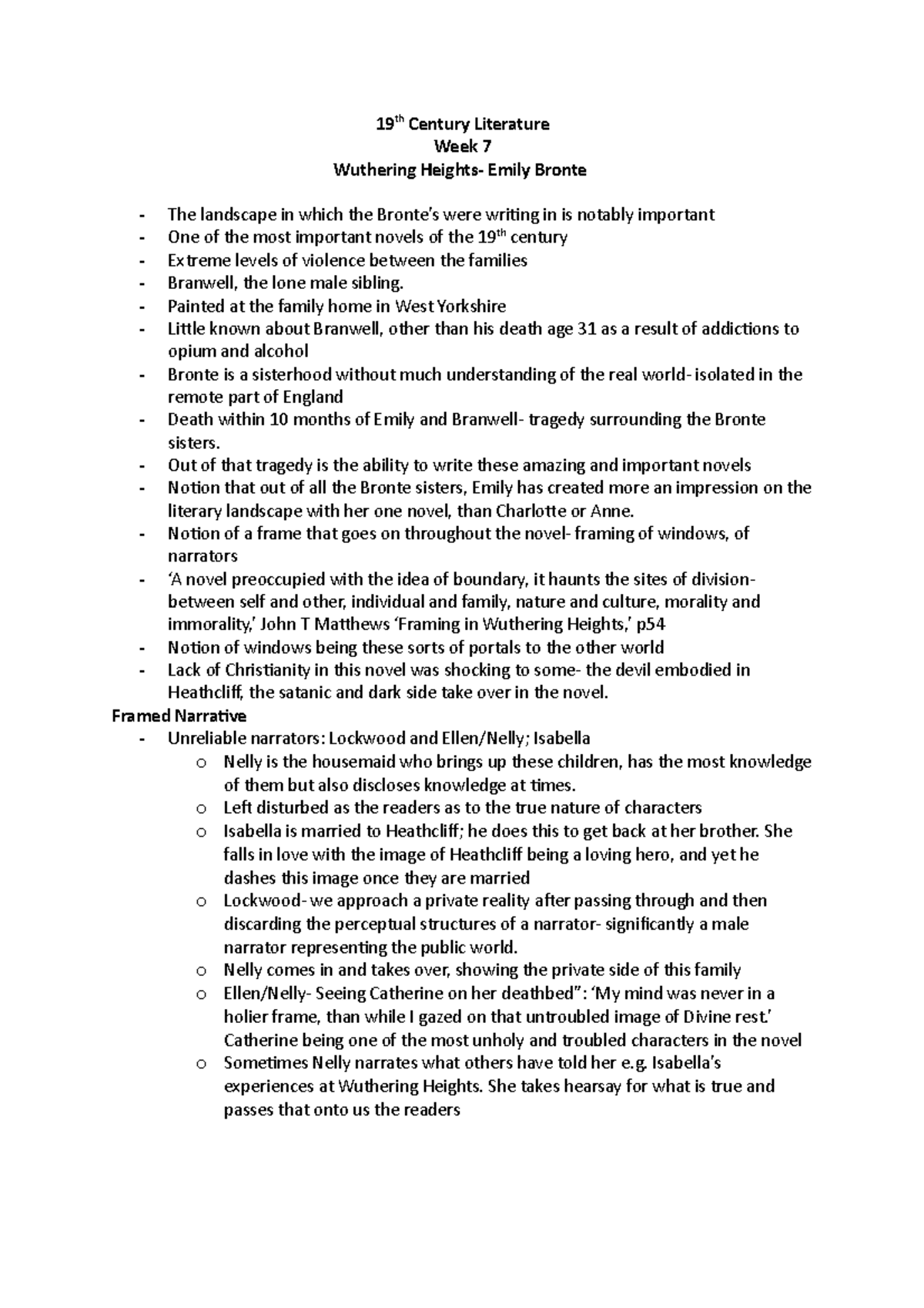 Week 7 notes - 19 th Century Literature Week 7 Wuthering Heights- Emily ...